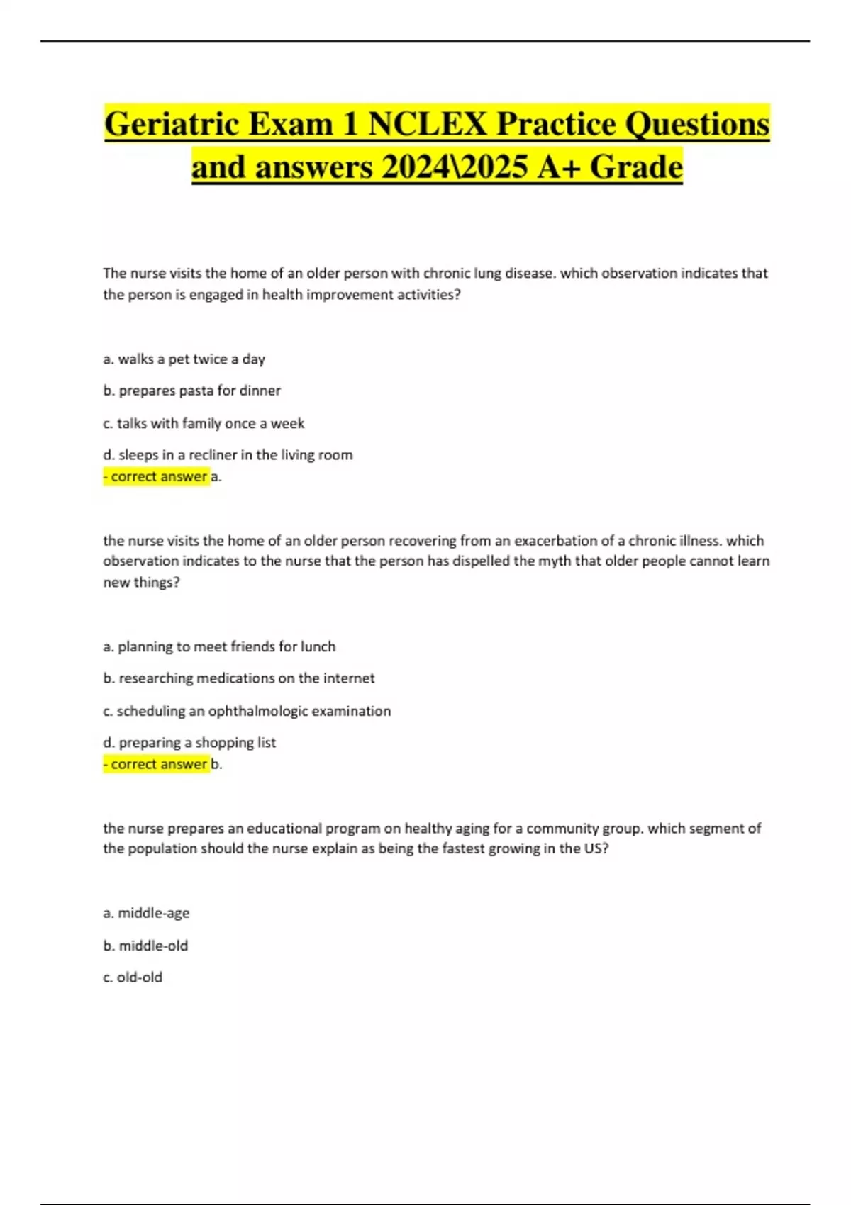 Geriatric Exam 1 NCLEX Practice Questions | 2024/2025 | A+ Grade ...