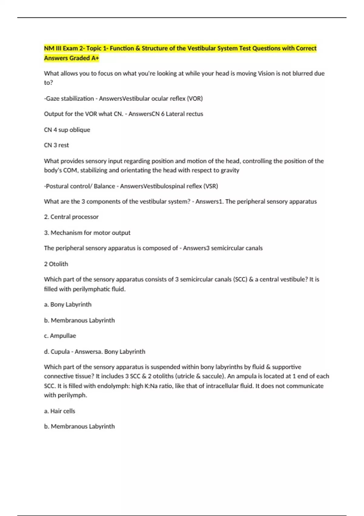 NM III Exam 2- Topic 1- Function & Structure of the Vestibular System ...