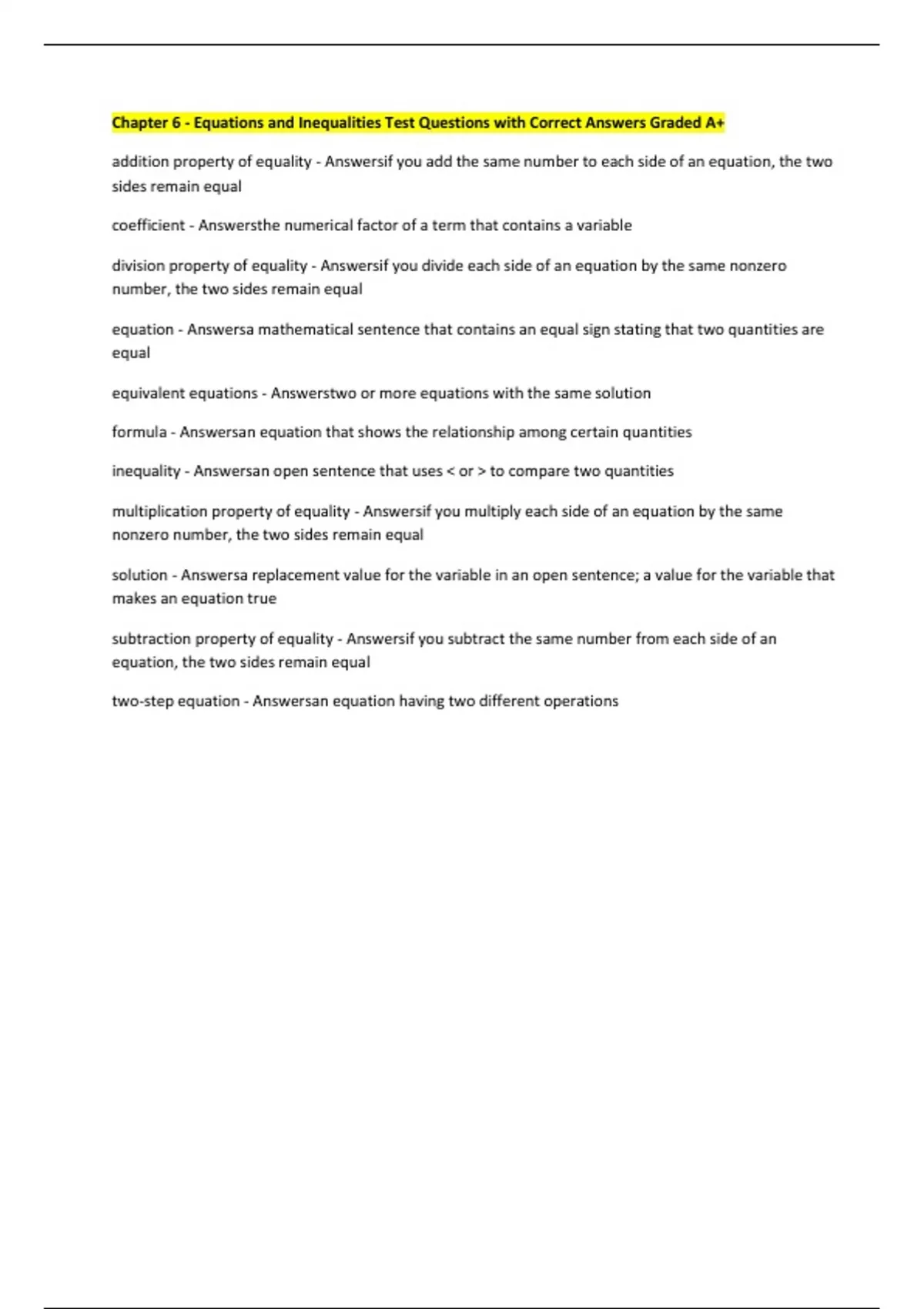 Chapter 6 - Equations and Inequalities Test Questions with Correct ...