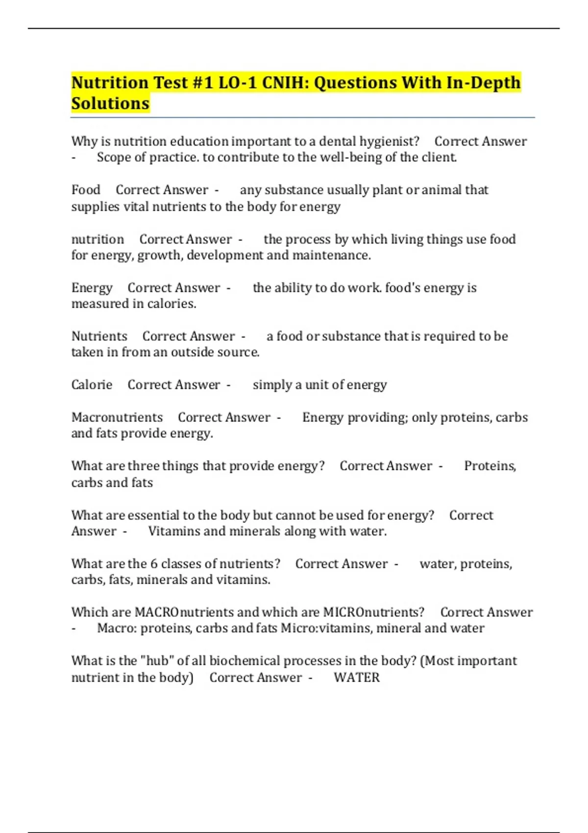 Nutrition Test #1 LO-1 CNIH: Questions With In-Depth Solutions - CNIH ...