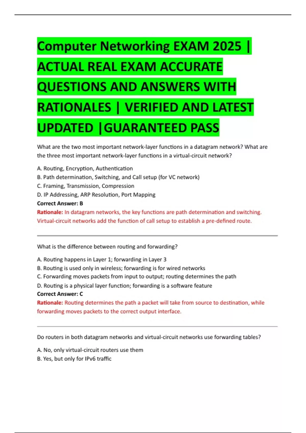 Computer Networking EXAM 2025 | ACTUAL REAL EXAM ACCURATE QUESTIONS AND ANSWERS WITH RATIONALES ...