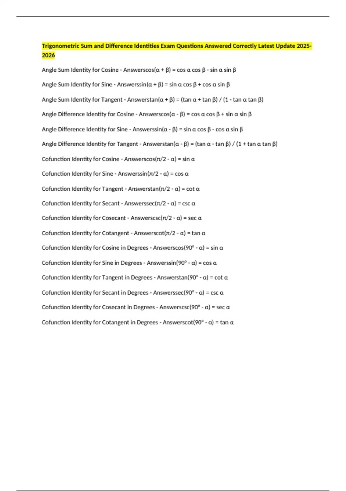 Trigonometric Sum And Difference Identities Exam Questions Answered Correctly Latest Update