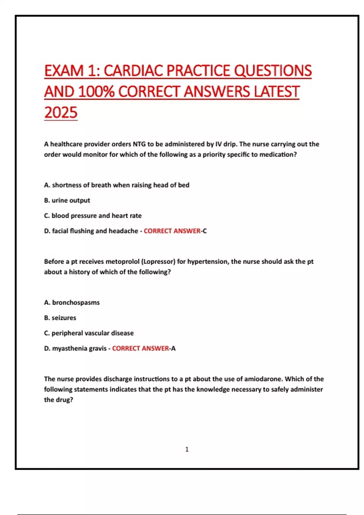 EXAM 1: CARDIAC PRACTICE QUESTIONS AND 100% CORRECT ANSWERS LATEST 2025 ...