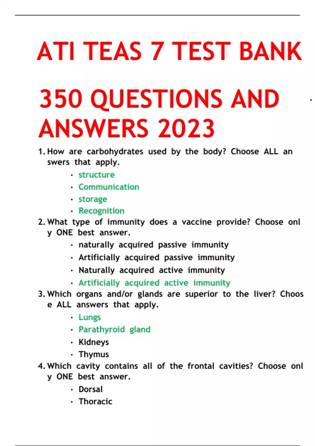 ATI TEAS 7 TEST BANK 350 QUESTIONS AND ANSWERS 2025 - ATI TEAS 7 ...