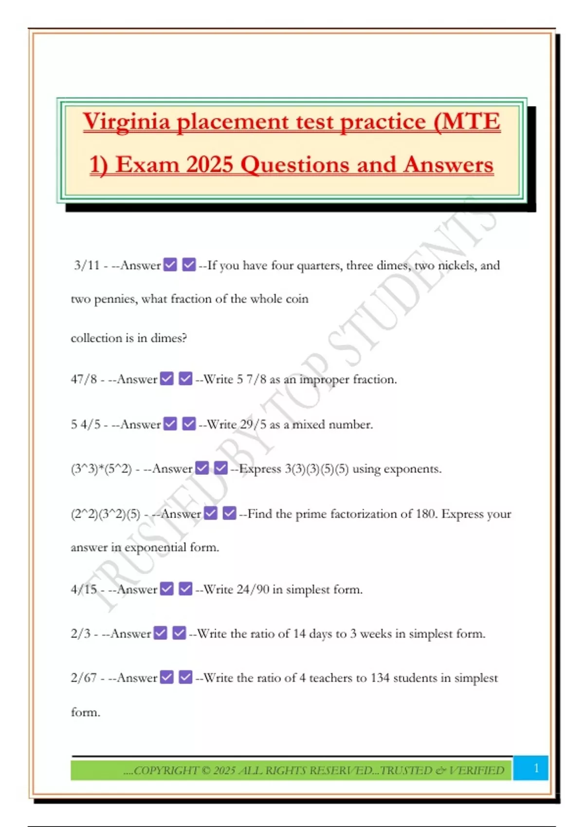 Virginia placement test practice (MTE 1) Exam 2025 Questions and ...