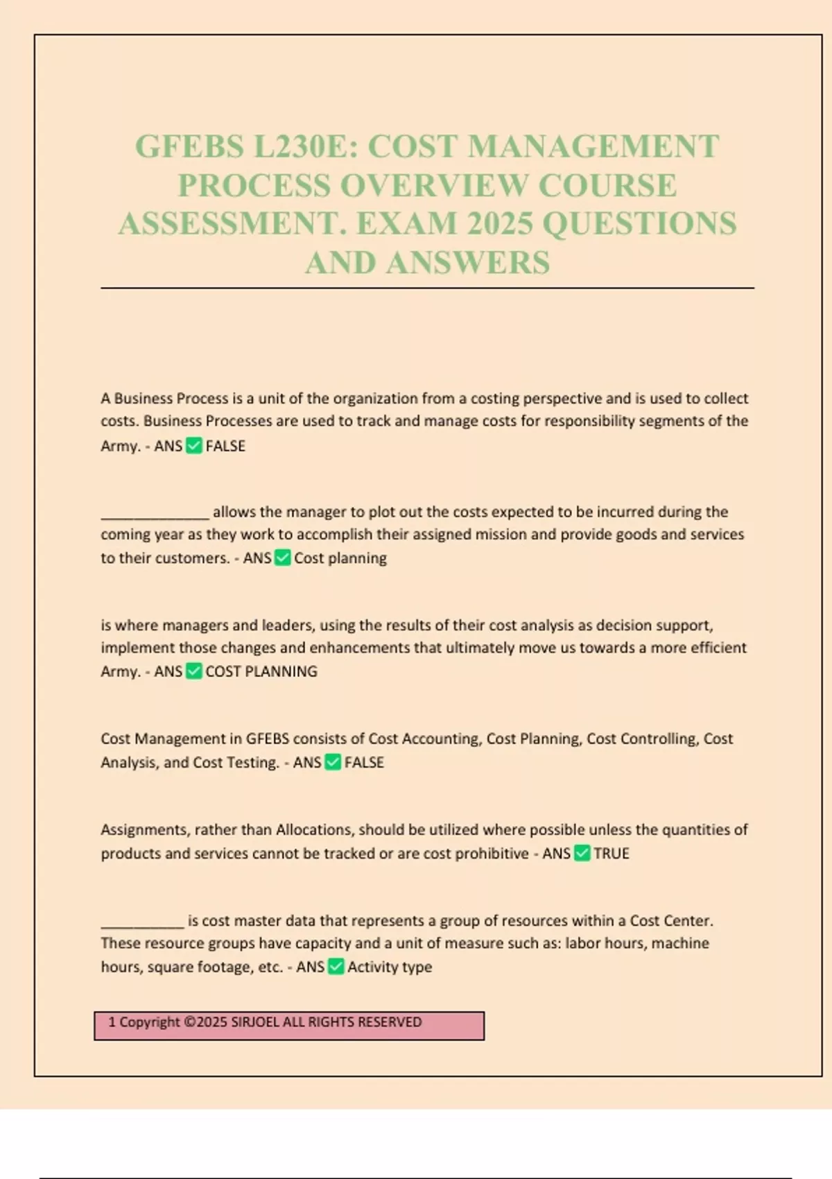 GFEBS L230E: COST MANAGEMENT PROCESS OVERVIEW COURSE ASSESSMENT. EXAM ...