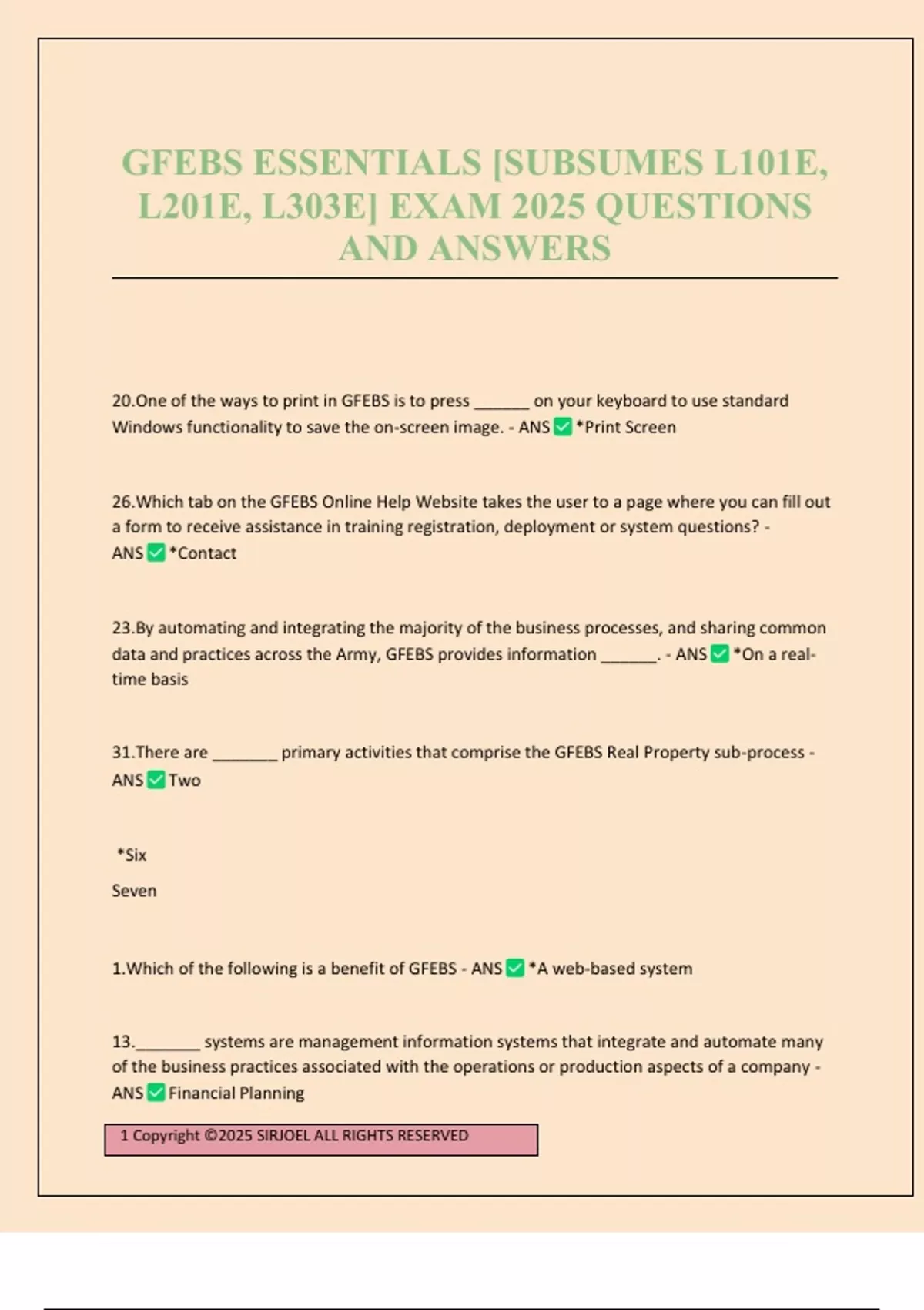 GFEBS ESSENTIALS [SUBSUMES L101E, L201E, L303E] EXAM 2025 QUESTIONS AND ...
