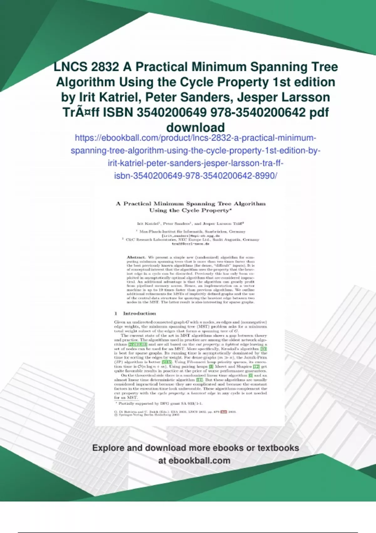 Summary LNCS 2832 A Practical Minimum Spanning Tree Algorithm Using the Cycle Property 1st ...
