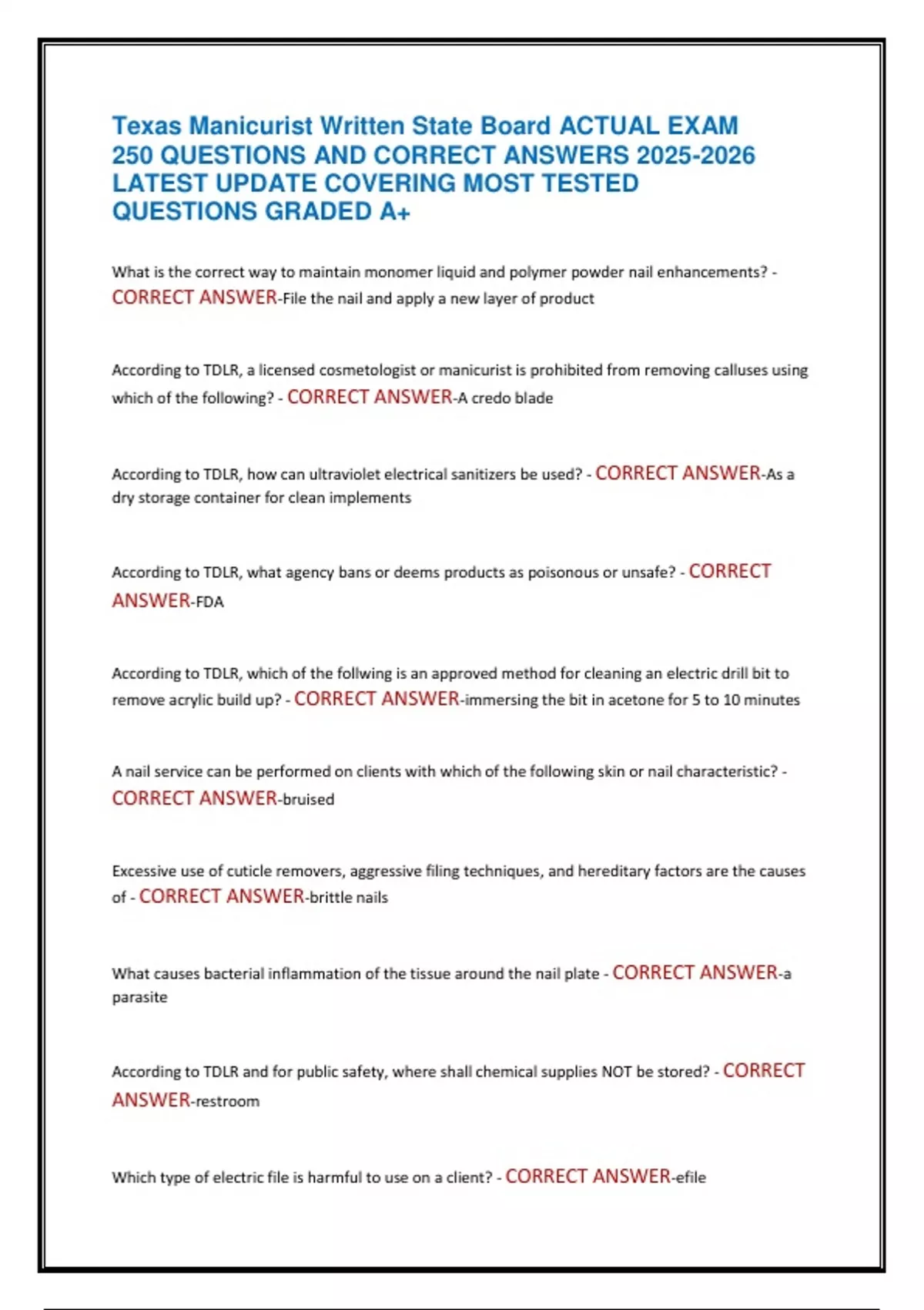 Texas Manicurist Written State Board ACTUAL EXAM 250 QUESTIONS AND ...
