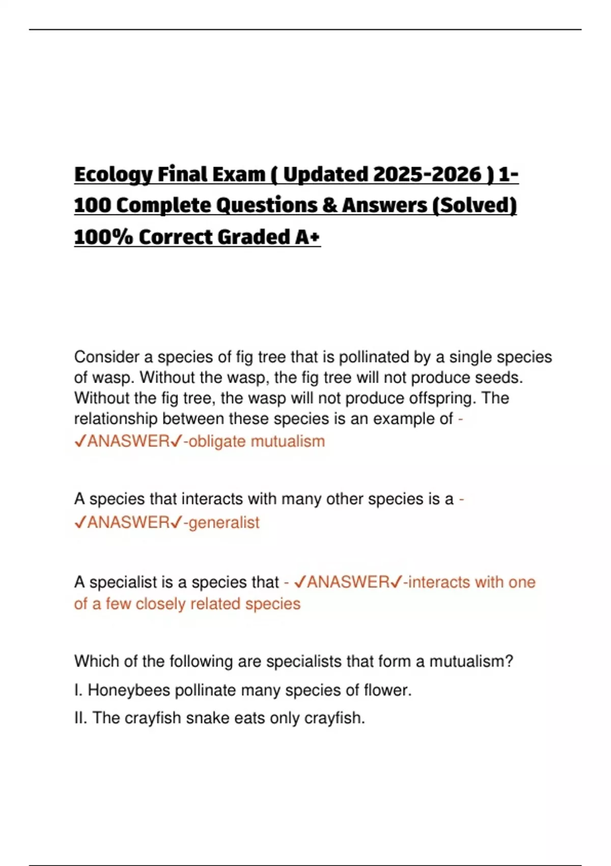 Ecology Final Exam ( Updated ) 1 100 Complete Questions & Answers ...