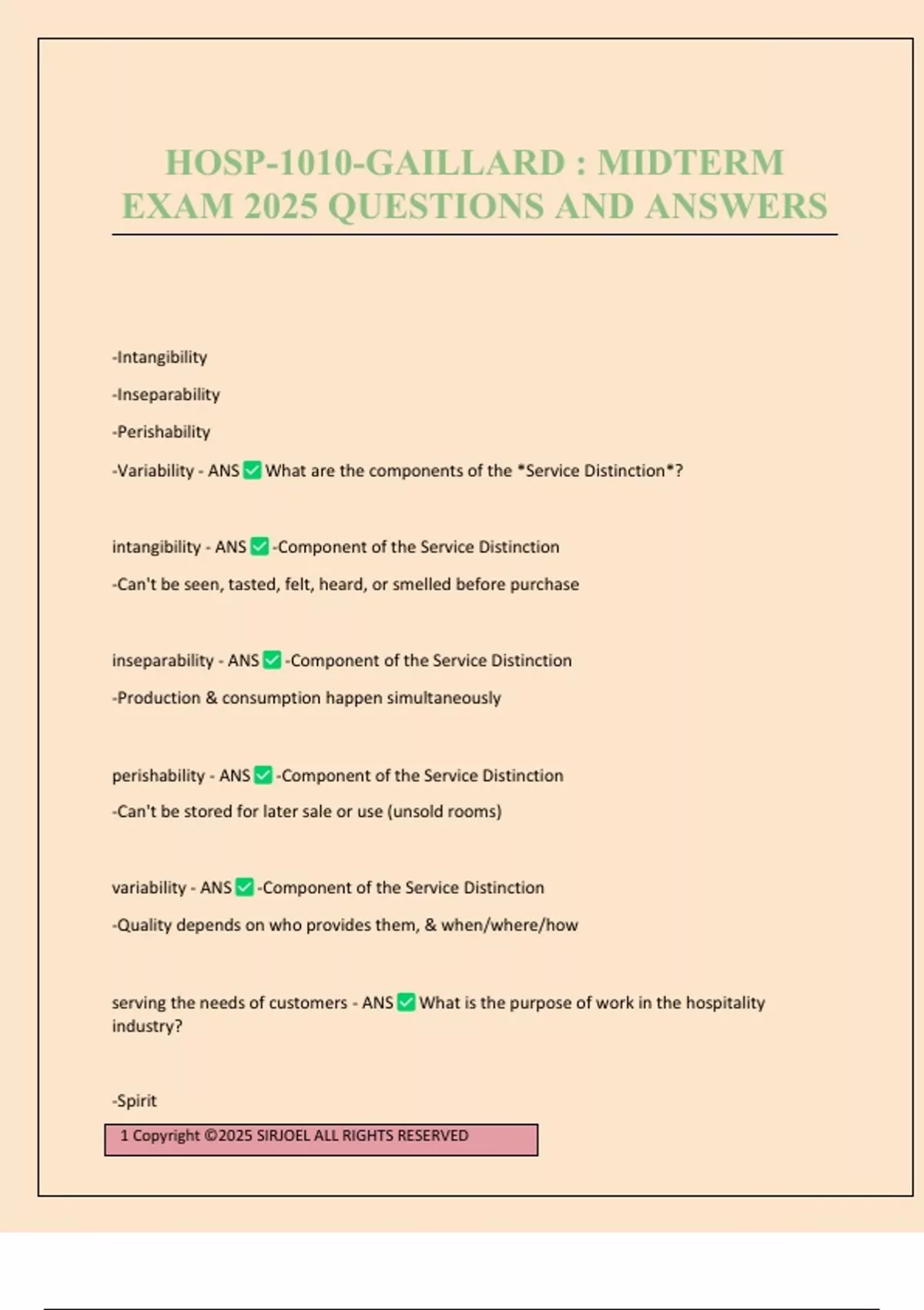 HOSP-1010-GAILLARD : MIDTERM EXAM 2025 QUESTIONS AND ANSWERS - HOSP 1010 - Stuvia US