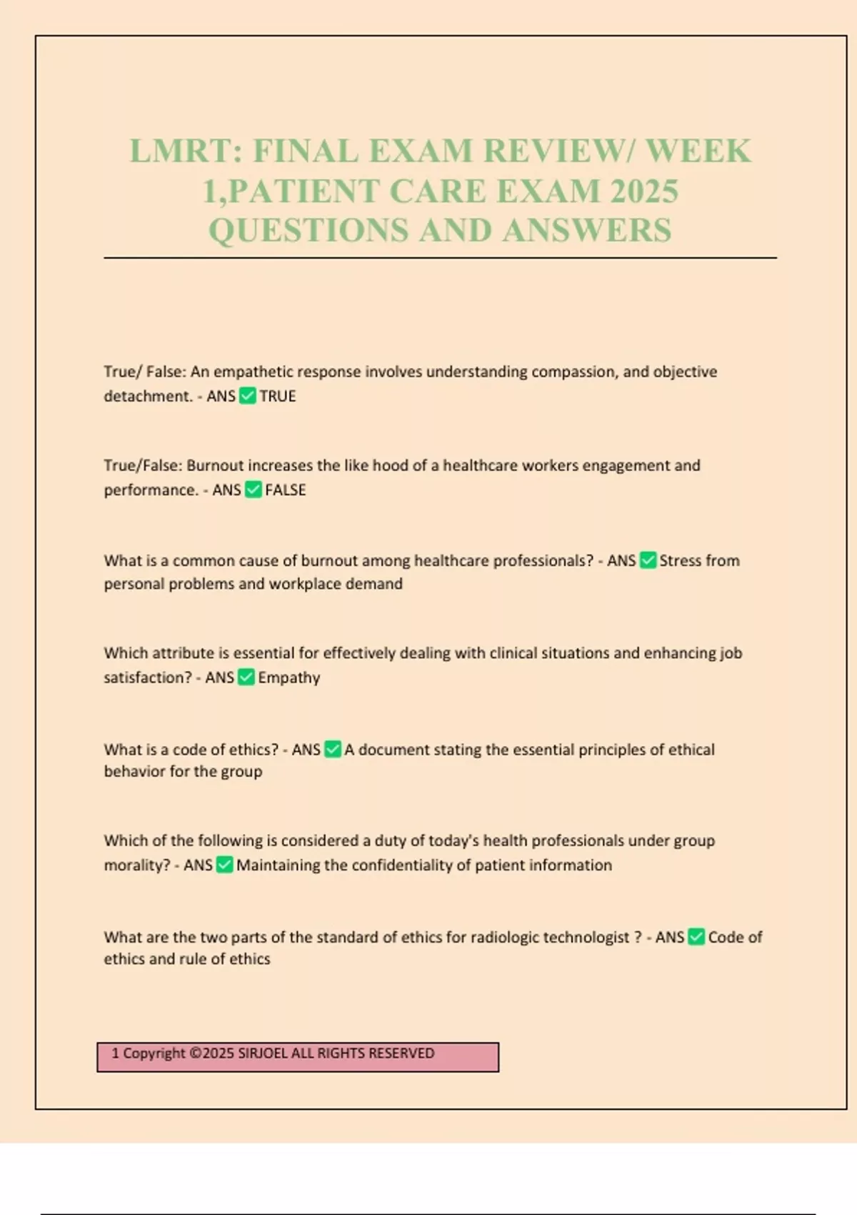 LMRT: FINAL EXAM REVIEW/ WEEK 1,PATIENT CARE EXAM 2025 QUESTIONS AND ...