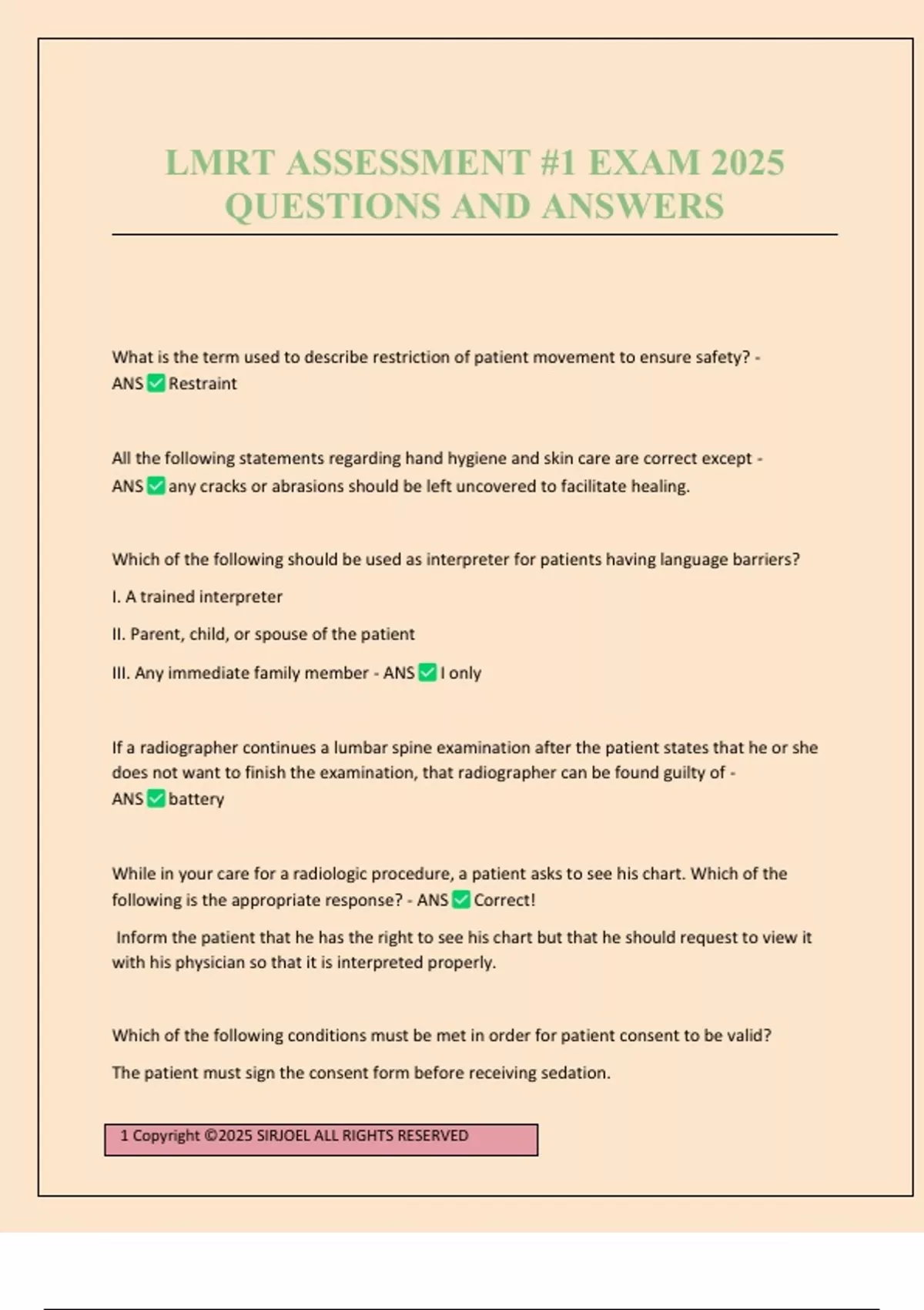 LMRT ASSESSMENT #1 EXAM 2025 QUESTIONS AND ANSWERS - LMRT - Stuvia US
