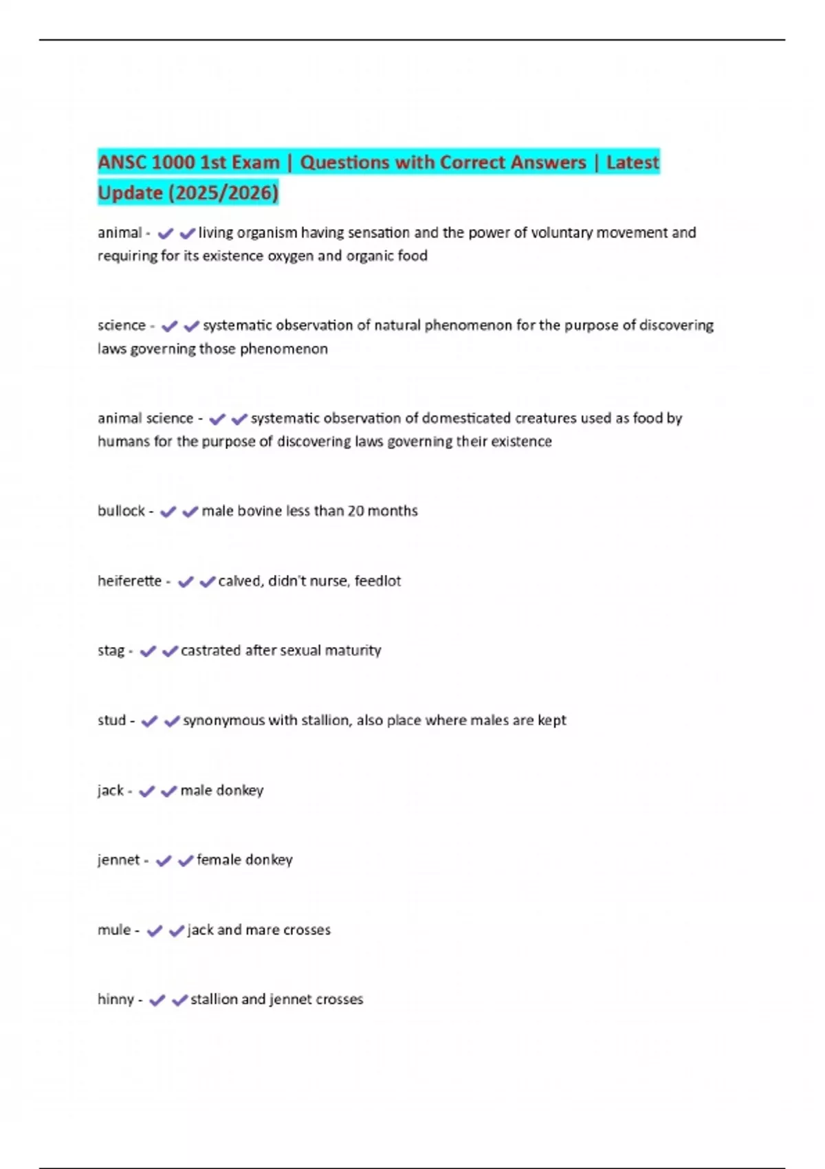 ANSC 1000 1st Exam | Questions with Correct Answers | Latest Update ...