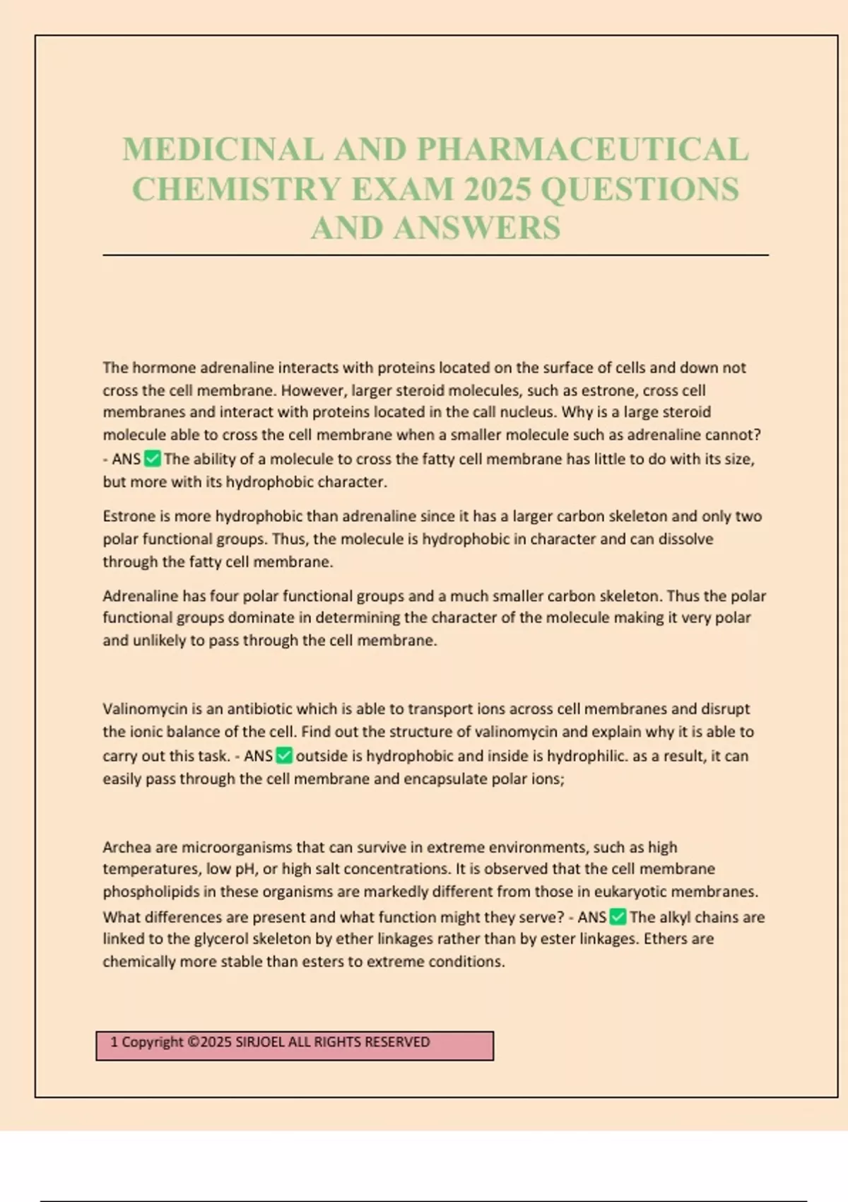 MEDICINAL AND PHARMACEUTICAL CHEMISTRY EXAM 2025 QUESTIONS AND ANSWERS ...