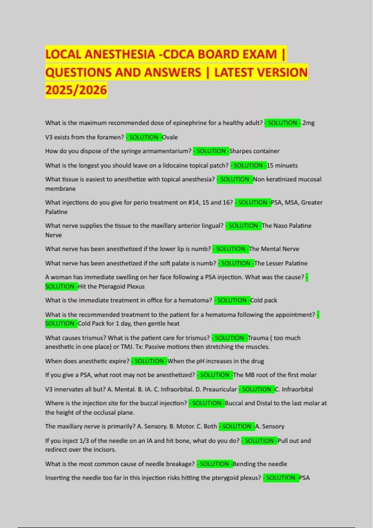 LOCAL ANESTHESIA -CDCA BOARD EXAM | QUESTIONS AND ANSWERS | LATEST ...