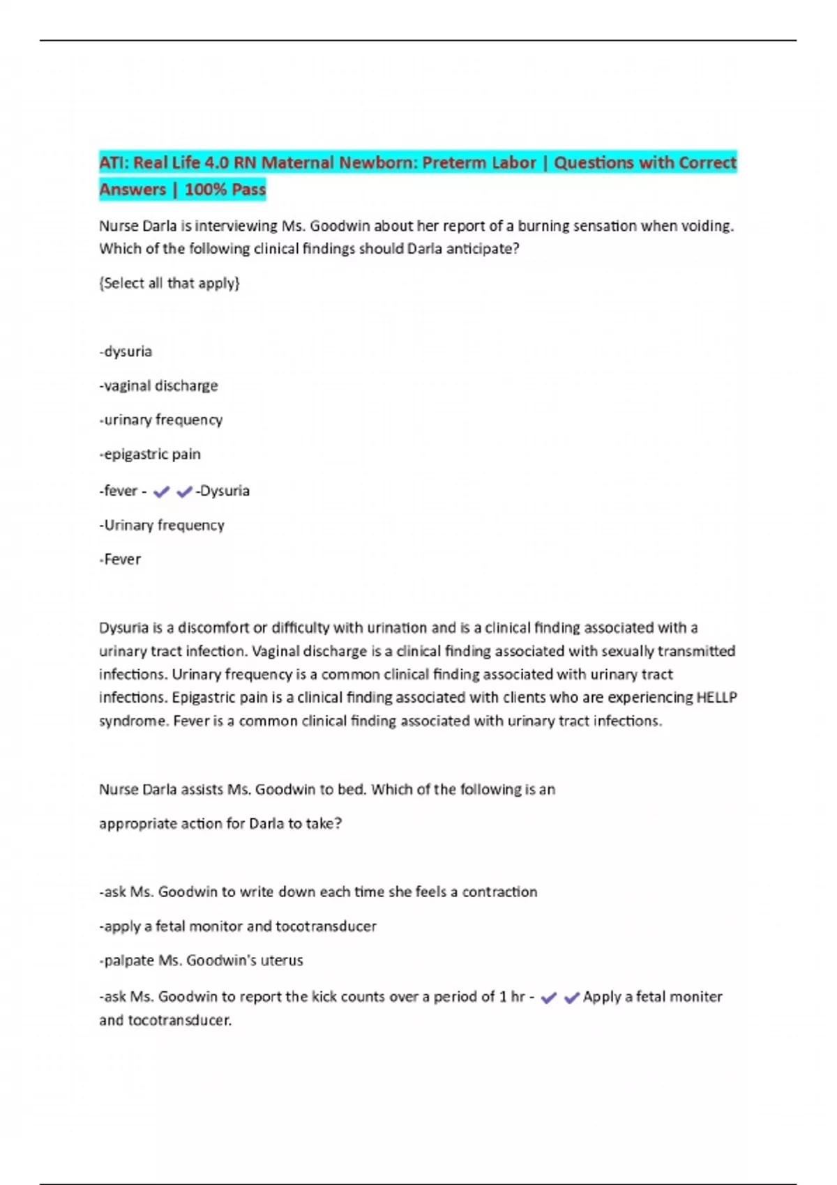 ATI: Real Life 4.0 RN Maternal Newborn: Preterm Labor | Questions with ...