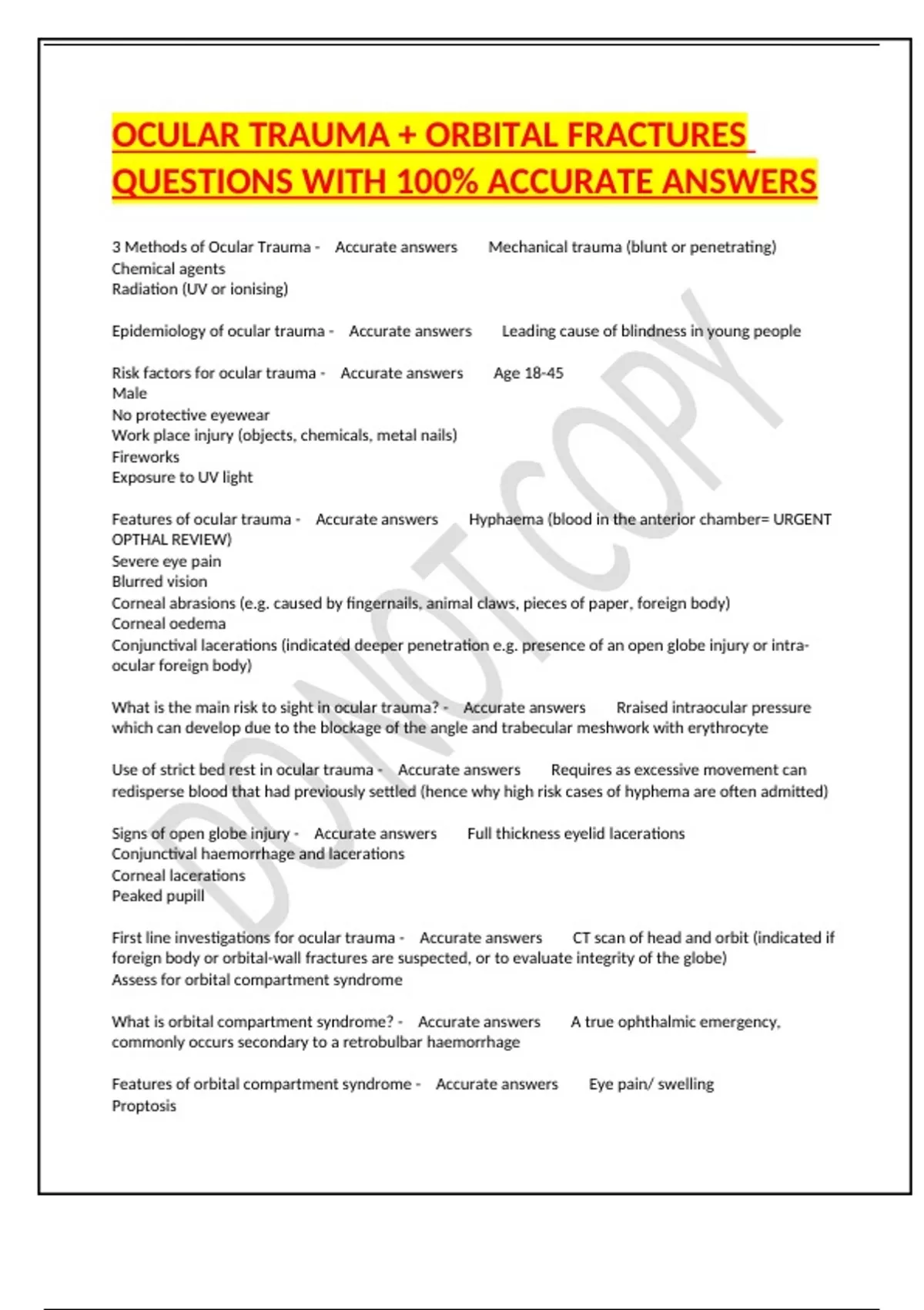 OCULAR TRAUMA + OCULAR TRAUMA + ORBITAL FRACTURESQUESTIONS WITH 100% ...