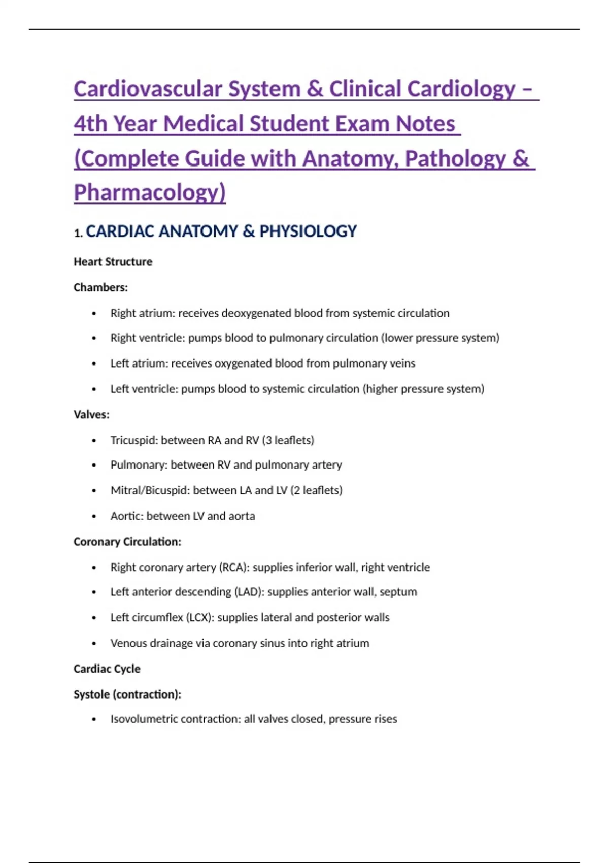 Summary Cardiovascular System & Clinical Cardiology – 4th Year Medical ...