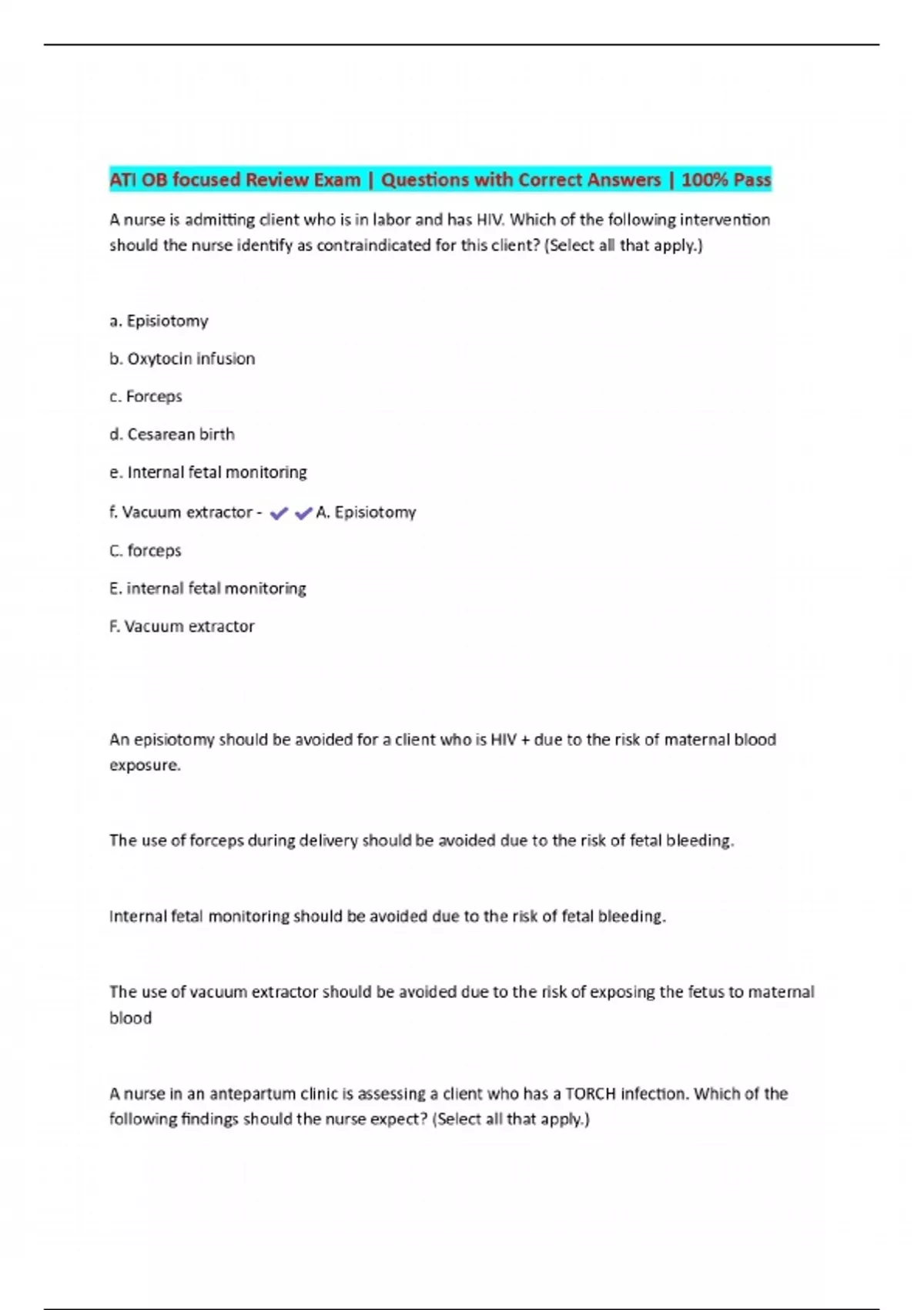 ATI OB focused Review Exam | Questions with Correct Answers | 100% Pass ...