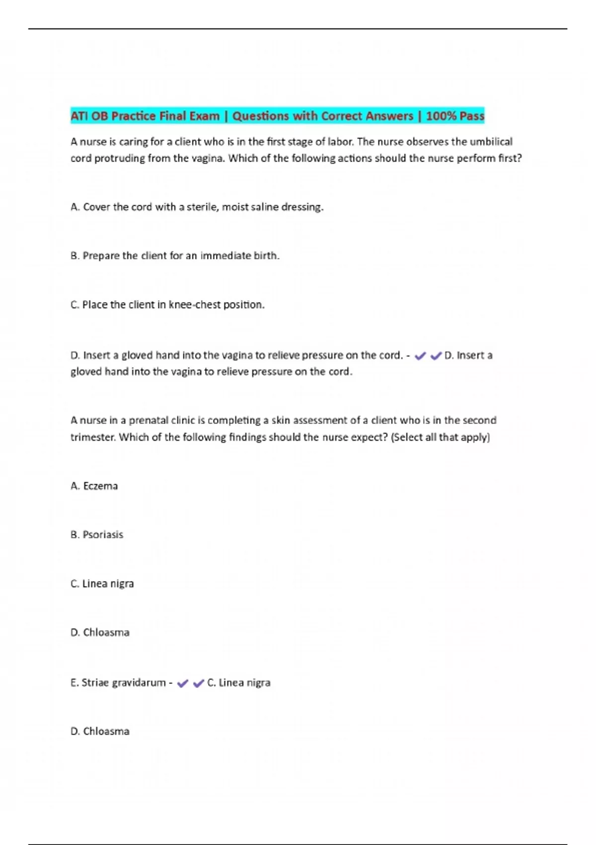 ATI OB Practice Final Exam | Questions with Correct Answers | 100% Pass ...