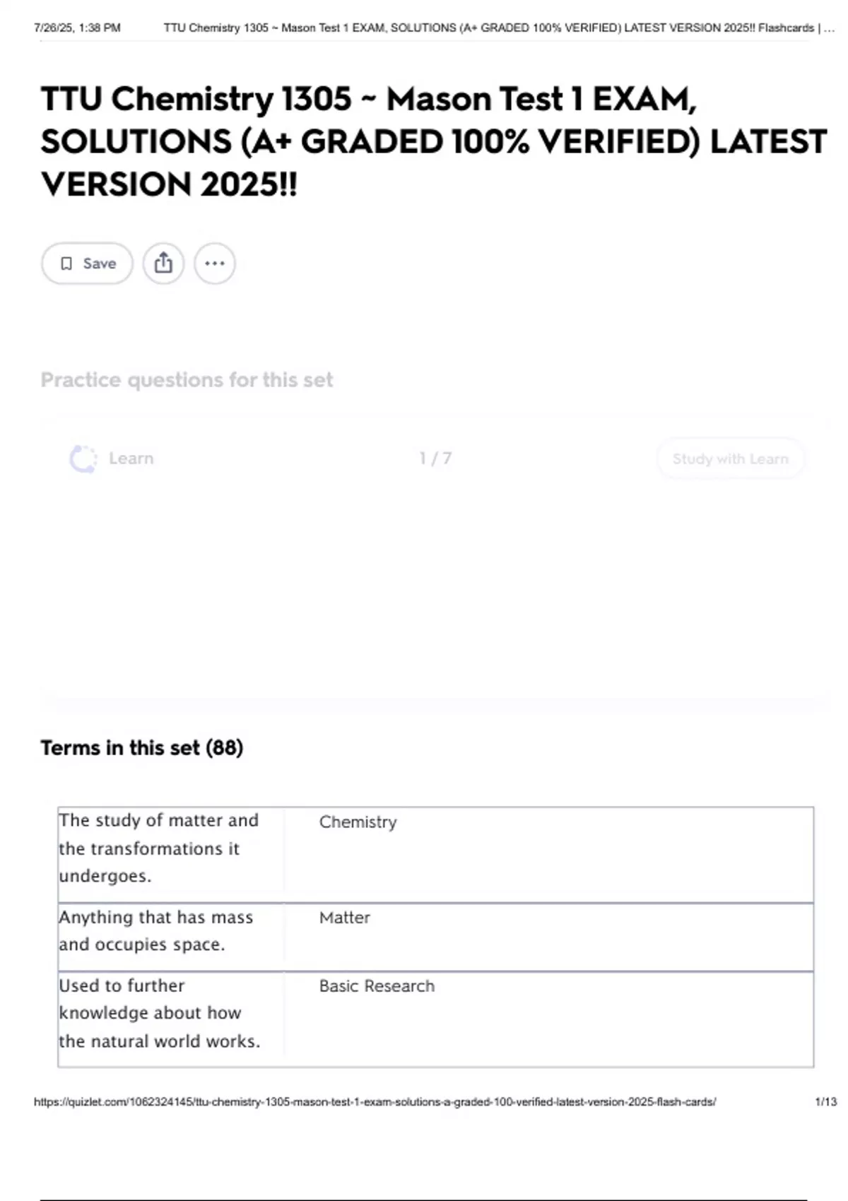TTU Chemistry 1305 ~ Mason Test 1 EXAM, SOLUTIONS (A+ GRADED 100% ...