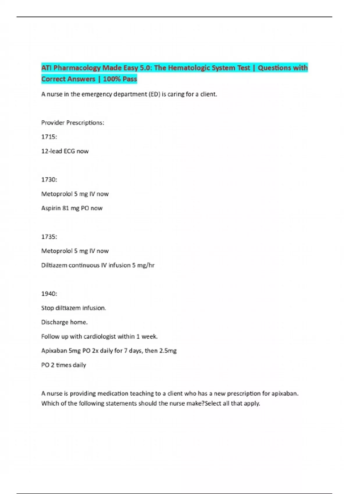 ATI Pharmacology Made Easy 5.0: The Hematologic System Test | Questions ...