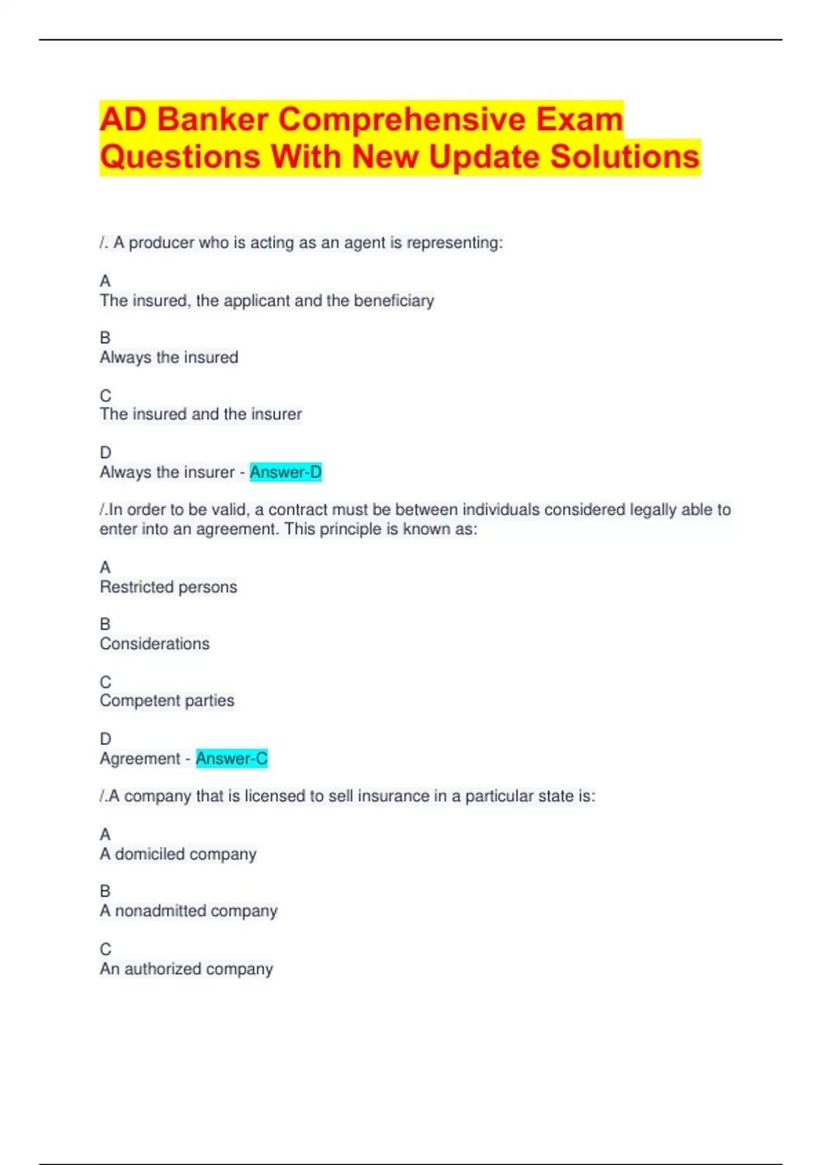 AD Banker Comprehensive Exam Questions With New Update Solutions - AD ...