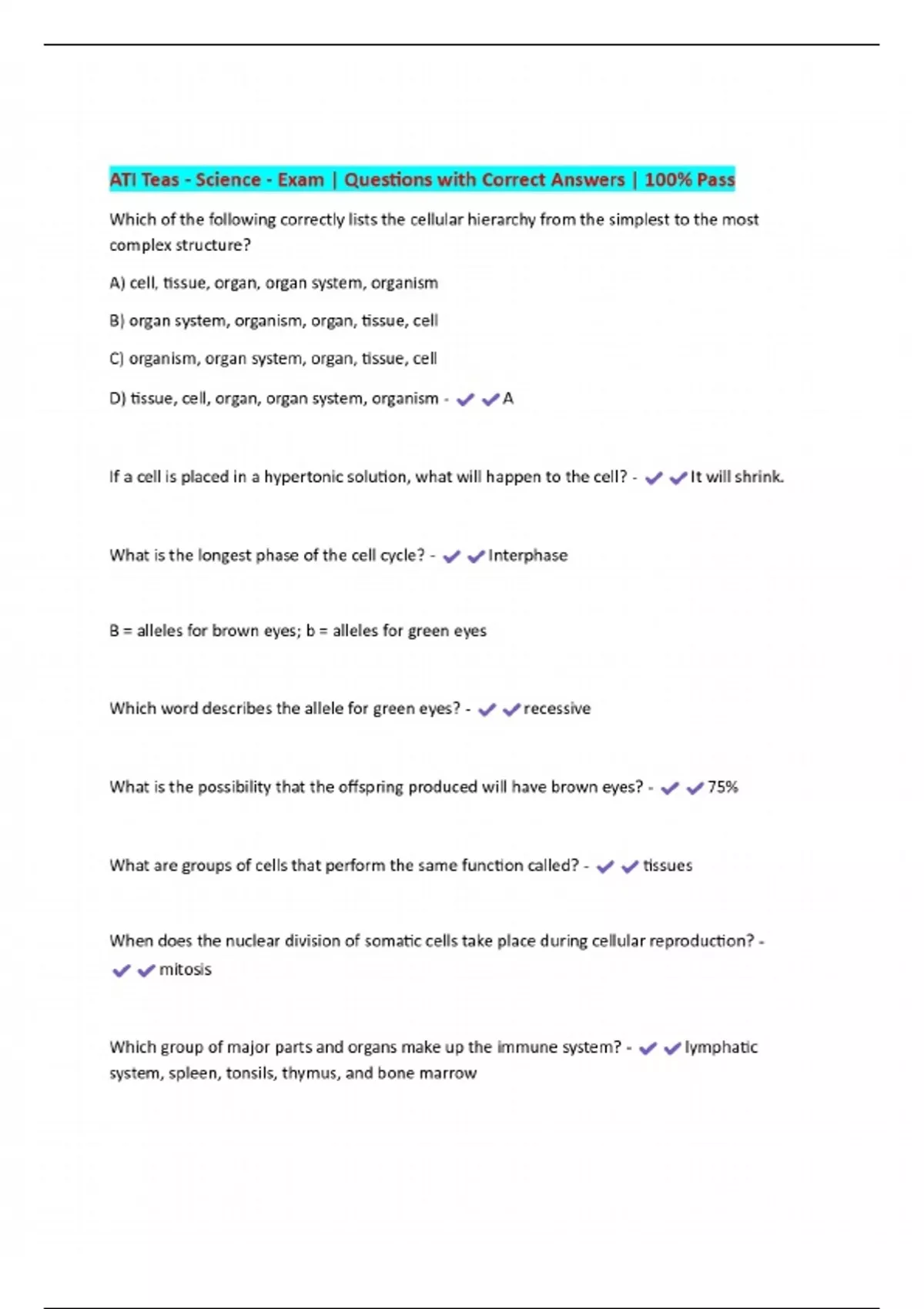 ATI Teas - Science - Exam | Questions with Correct Answers | 100% Pass ...