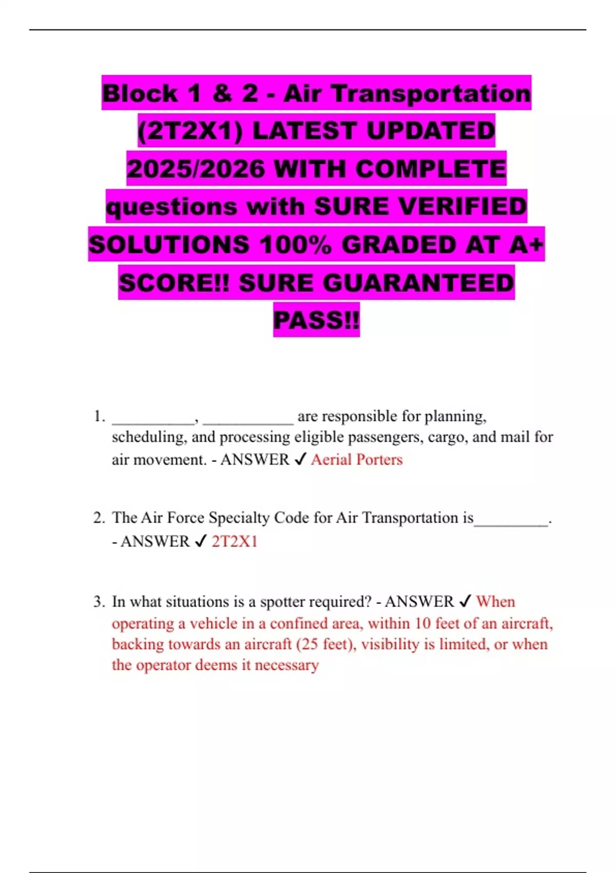 Block 1 & 2 - Air Transportation (2T2X1) LATEST UPDATED 2025/2026 WITH ...