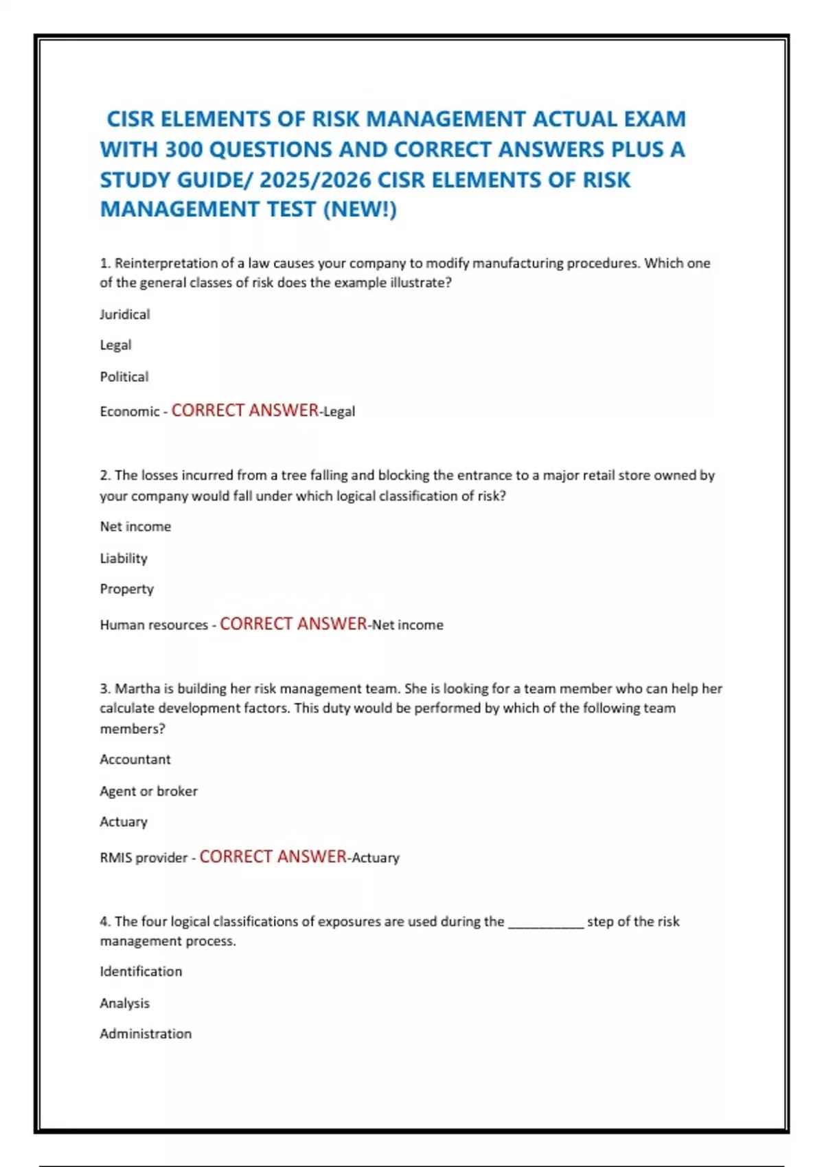 CISR ELEMENTS OF RISK MANAGEMENT ACTUAL EXAM WITH 300 QUESTIONS AND ...