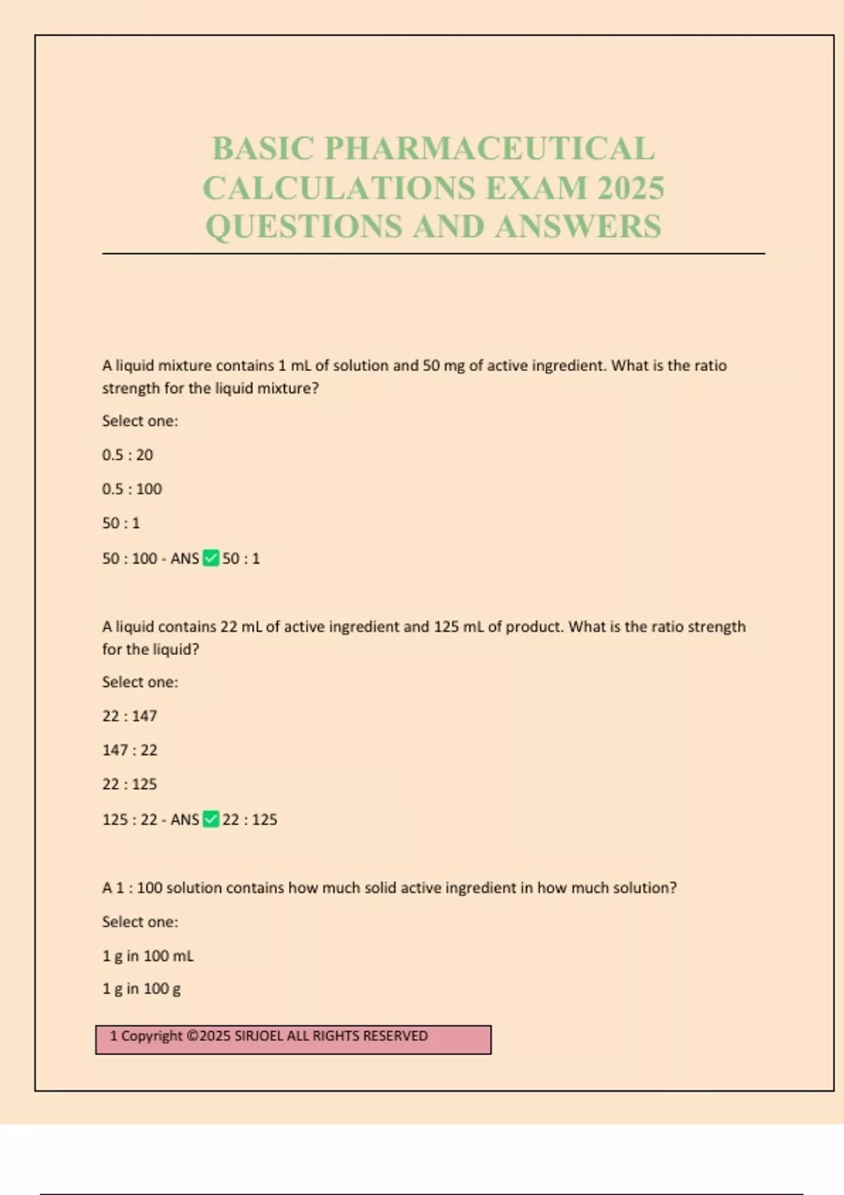 BASIC PHARMACEUTICAL CALCULATIONS EXAM 2025 QUESTIONS AND ANSWERS ...