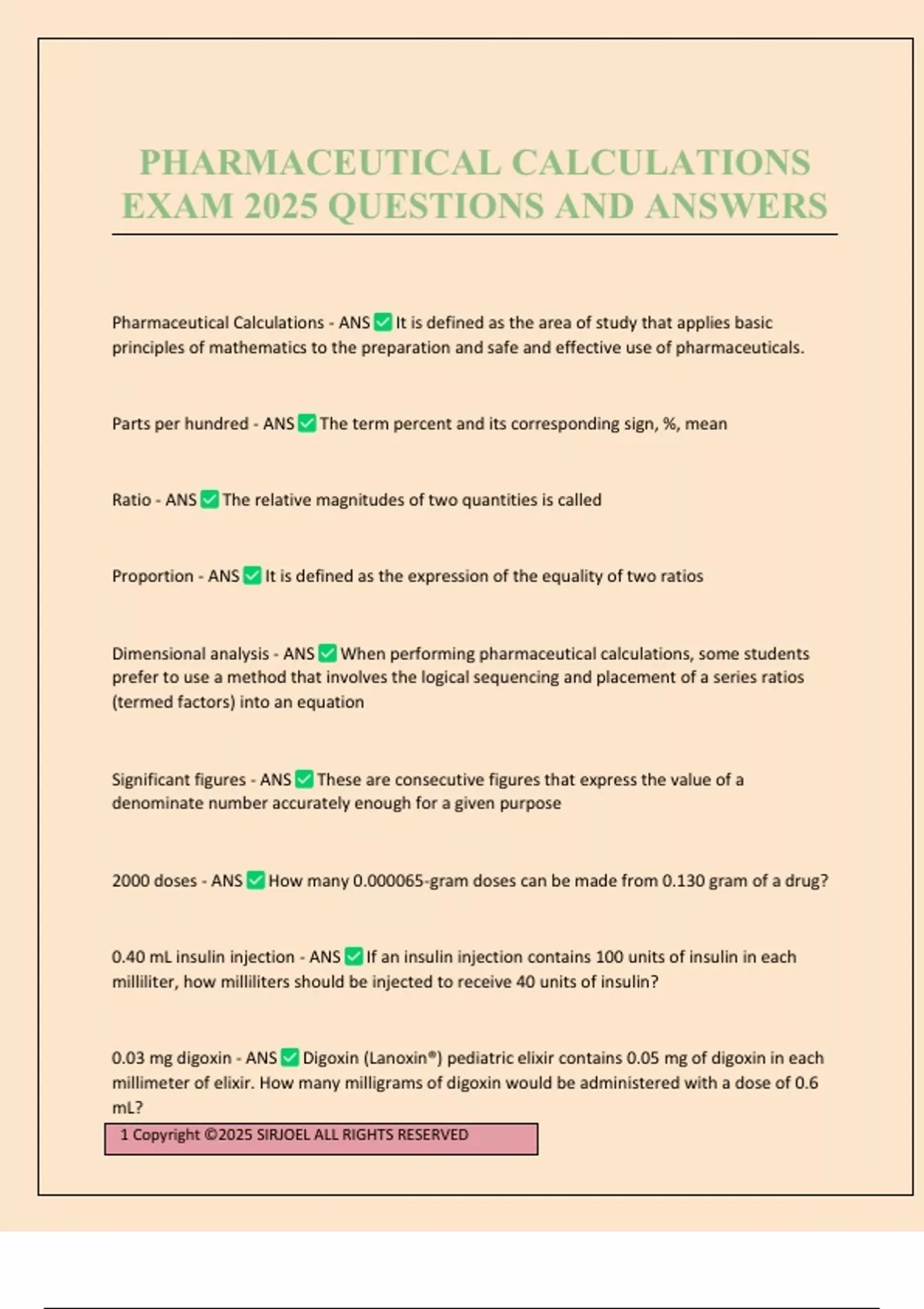 PHARMACEUTICAL CALCULATIONS EXAM 2025 QUESTIONS AND ANSWERS ...