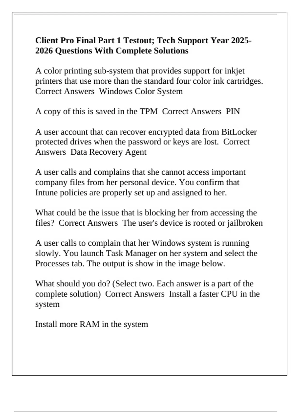 Client Pro Final Part 1 Testout; Tech Support Year Questions With ...