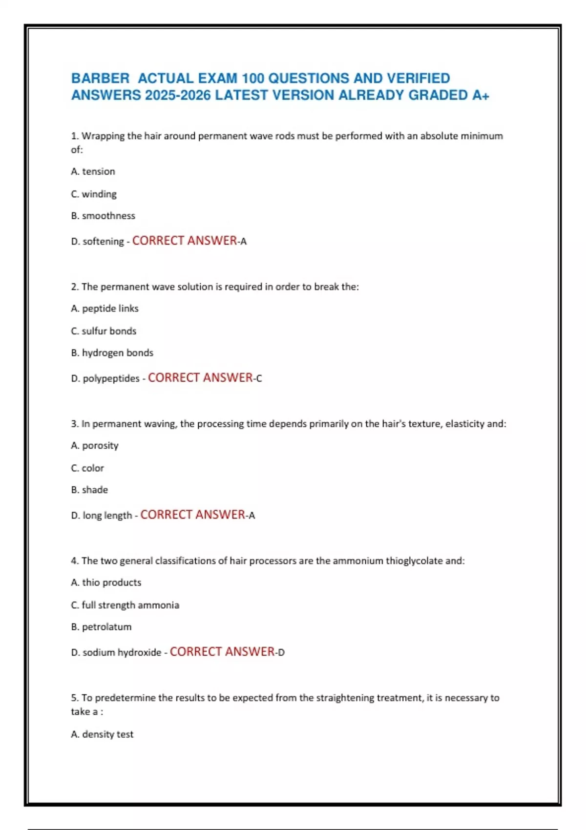 BARBER ACTUAL EXAM 100 QUESTIONS AND VERIFIED ANSWERS LATEST VERSION ...