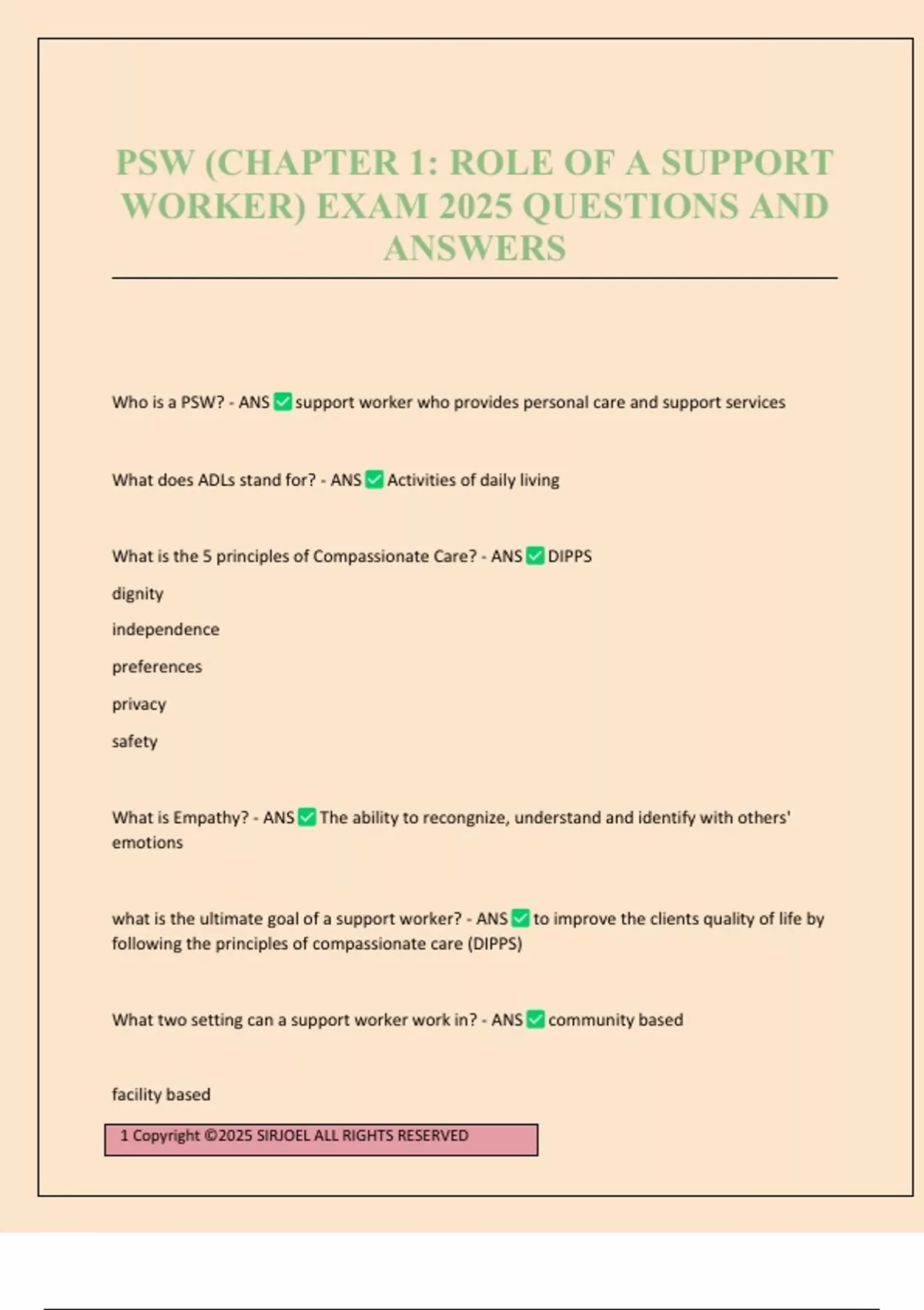 PSW (CHAPTER 1: ROLE OF A SUPPORT WORKER) EXAM 2025 QUESTIONS AND ANSWERS - PSW - Stuvia US