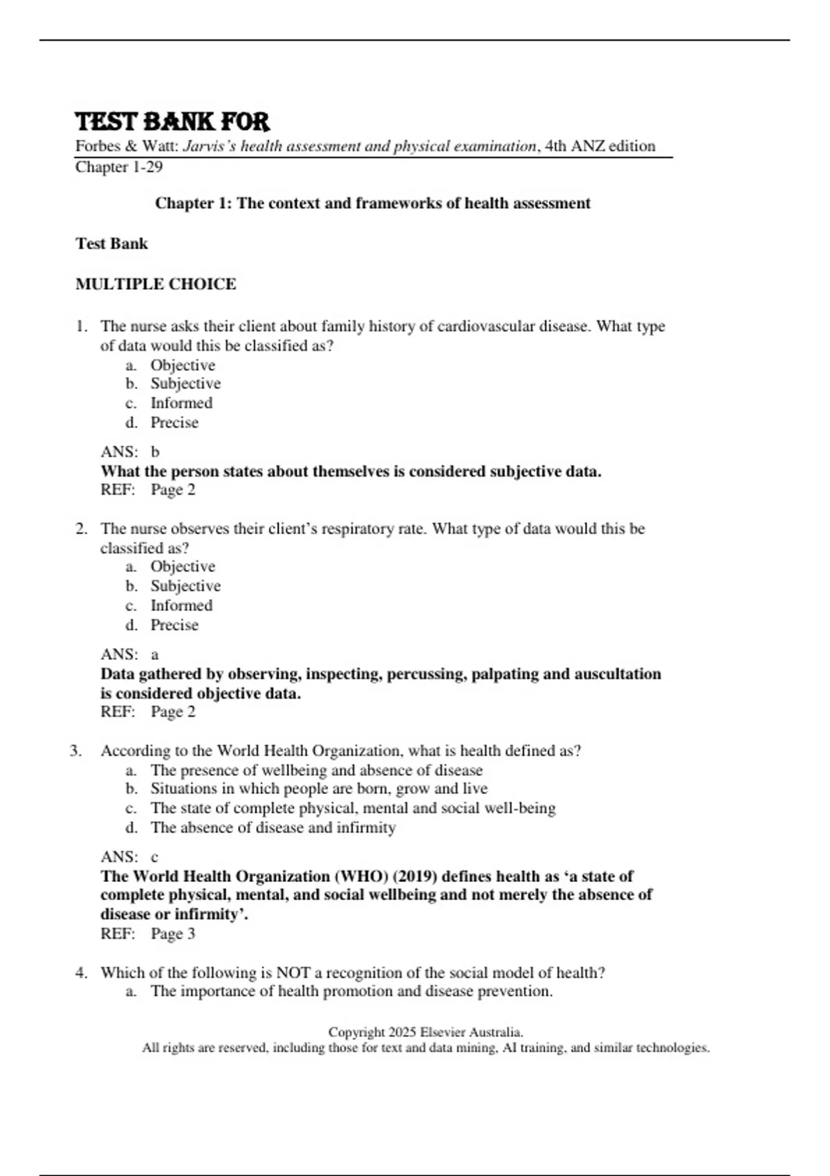 Test Bank For Jarvis's Health Assessment Australian and New Zealand 4e ...