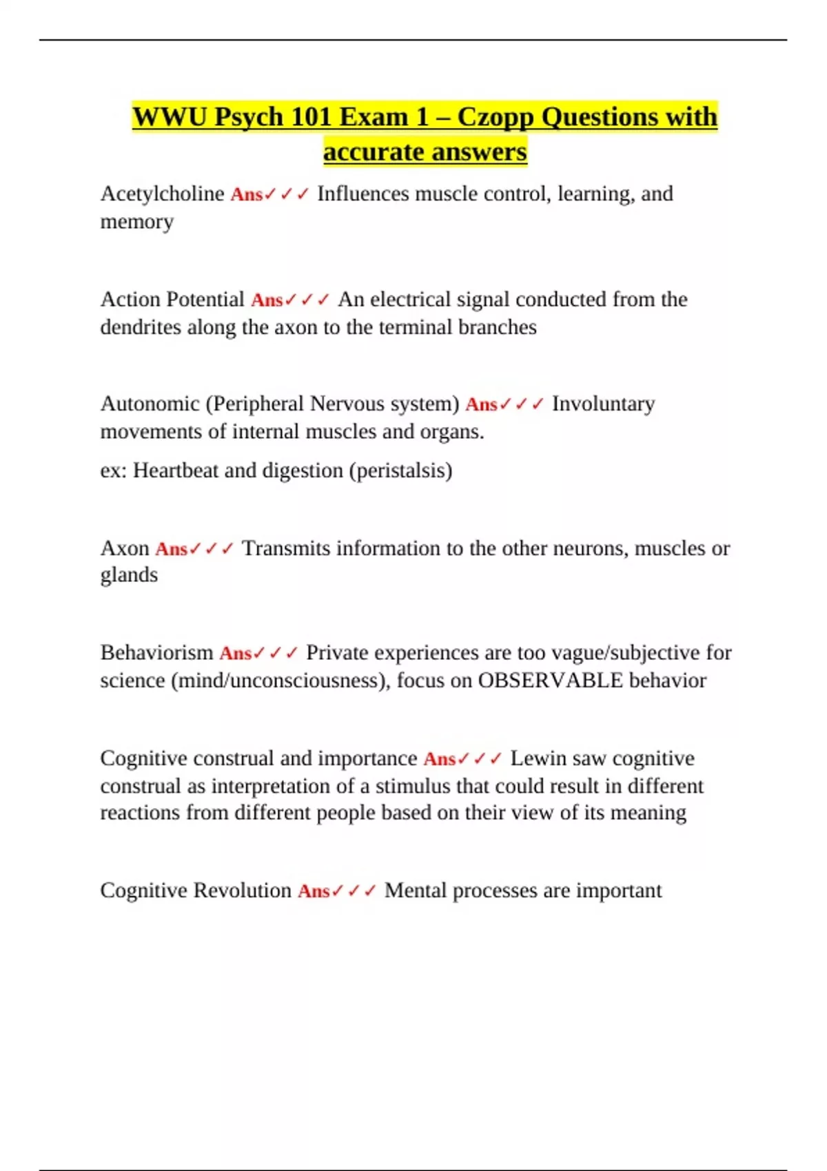 WWU PSYCH 101 – Exam 1 Study Guide (Czopp) – Full Concept Review with ...
