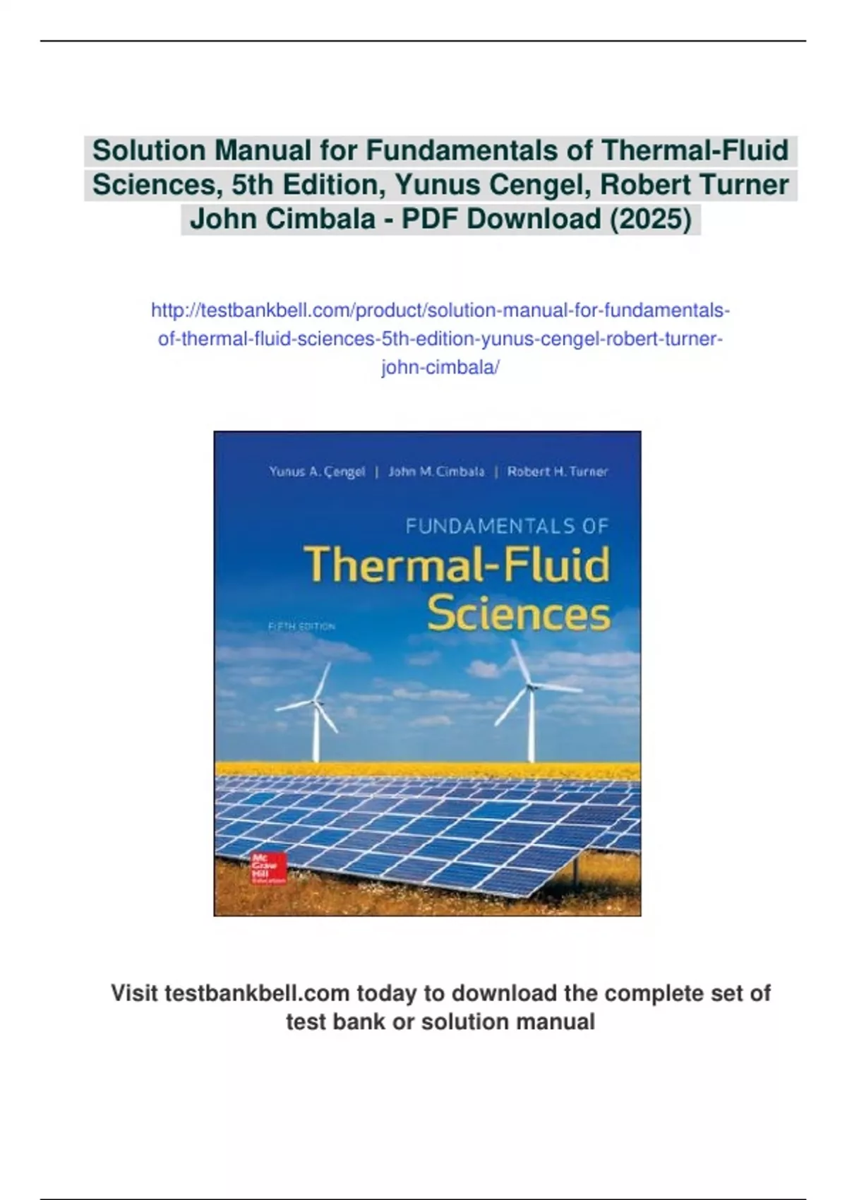 Summary Solution Manual for Fundamentals of Thermal-Fluid Sciences, 5th ...