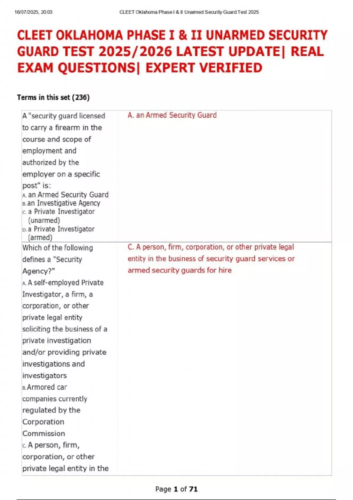 CLEET OKLAHOMA PHASE I & II UNARMED SECURITY GUARD TEST 2025/2026 ...