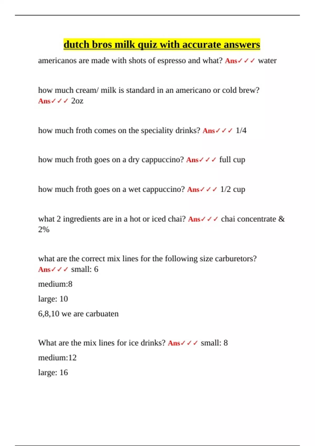 dutch bros milk quiz with accurate answers - Dutch Bros - Stuvia US