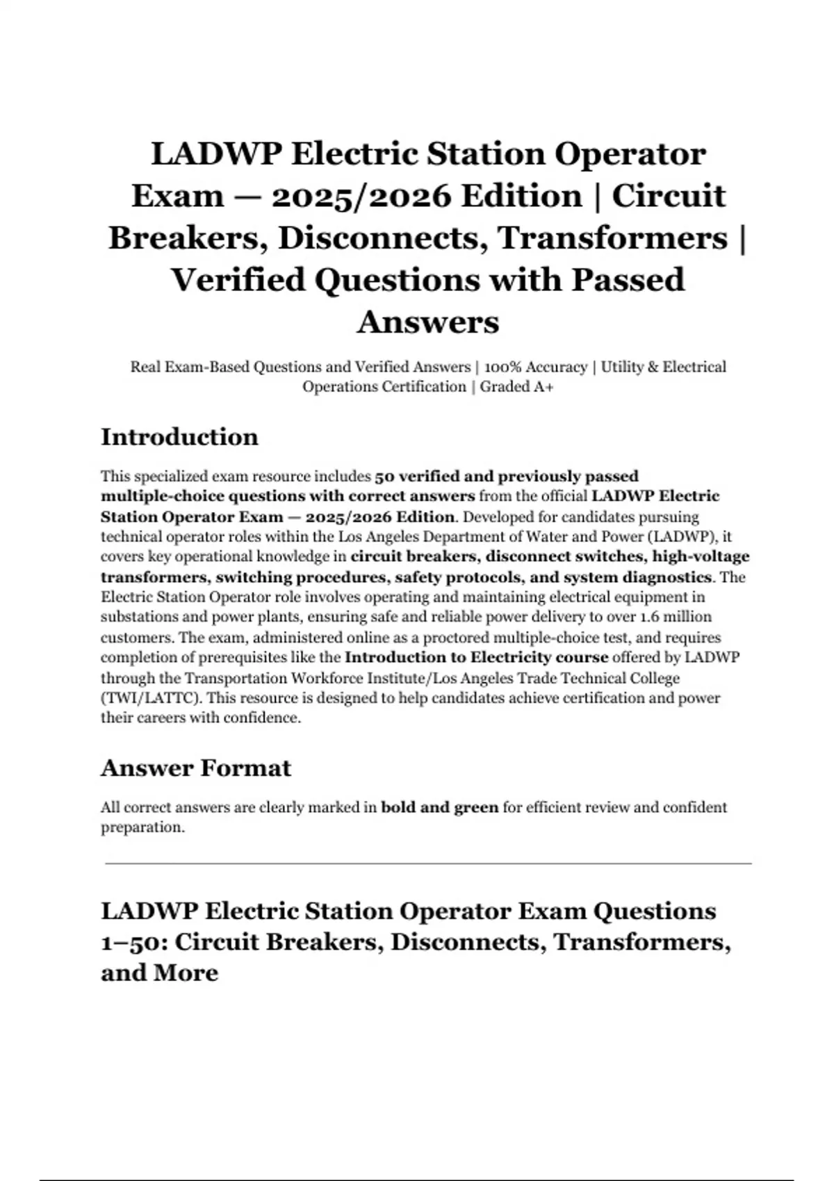 LADWP Electric Station Operator Exam — 2025/2026 Edition | Circuit ...