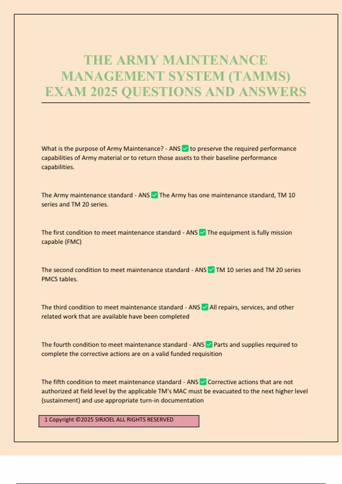 THE ARMY MAINTENANCE MANAGEMENT SYSTEM (TAMMS) EXAM 2025 QUESTIONS AND ...