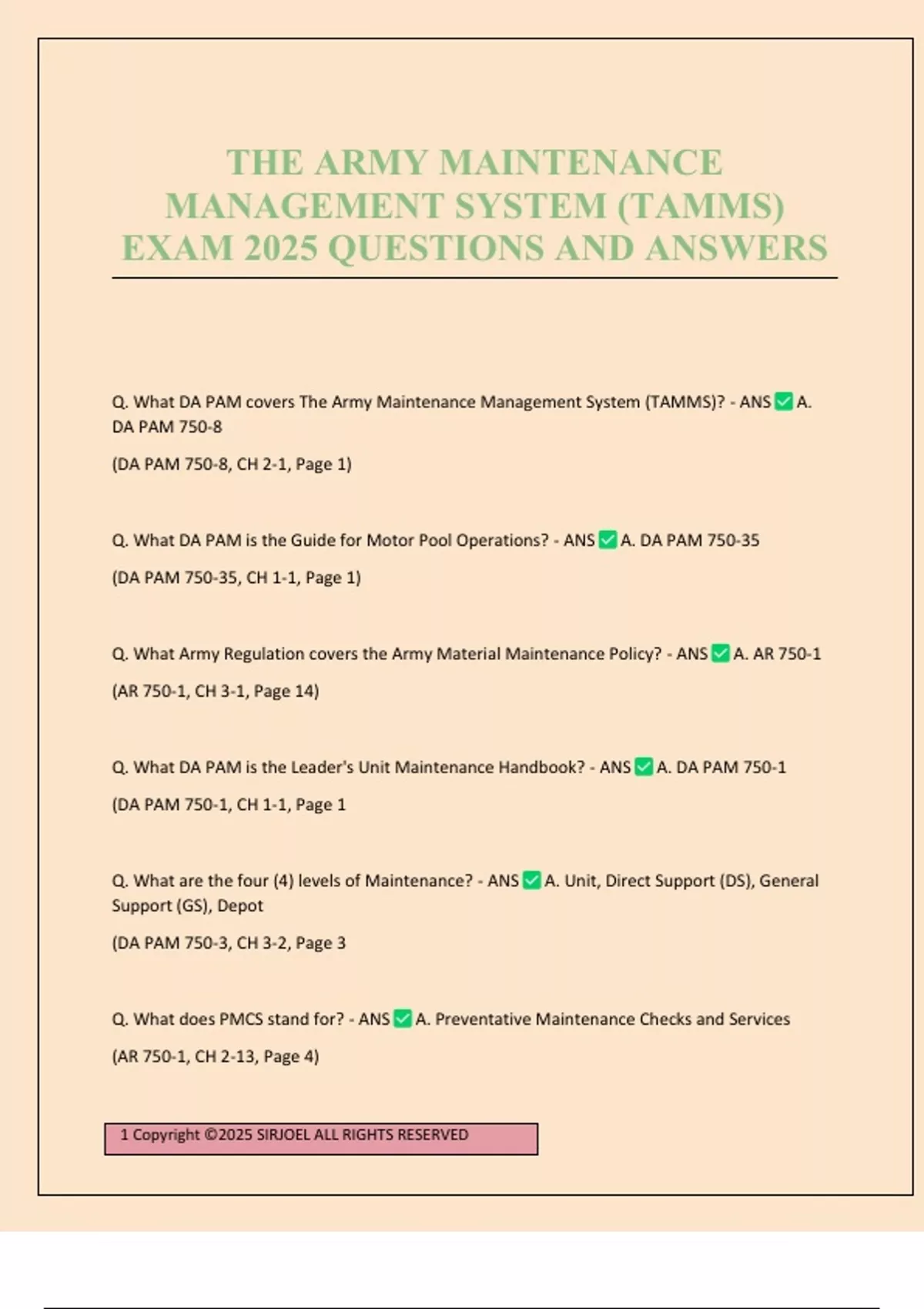 THE ARMY MAINTENANCE MANAGEMENT SYSTEM (TAMMS) EXAM 2025 QUESTIONS AND ...