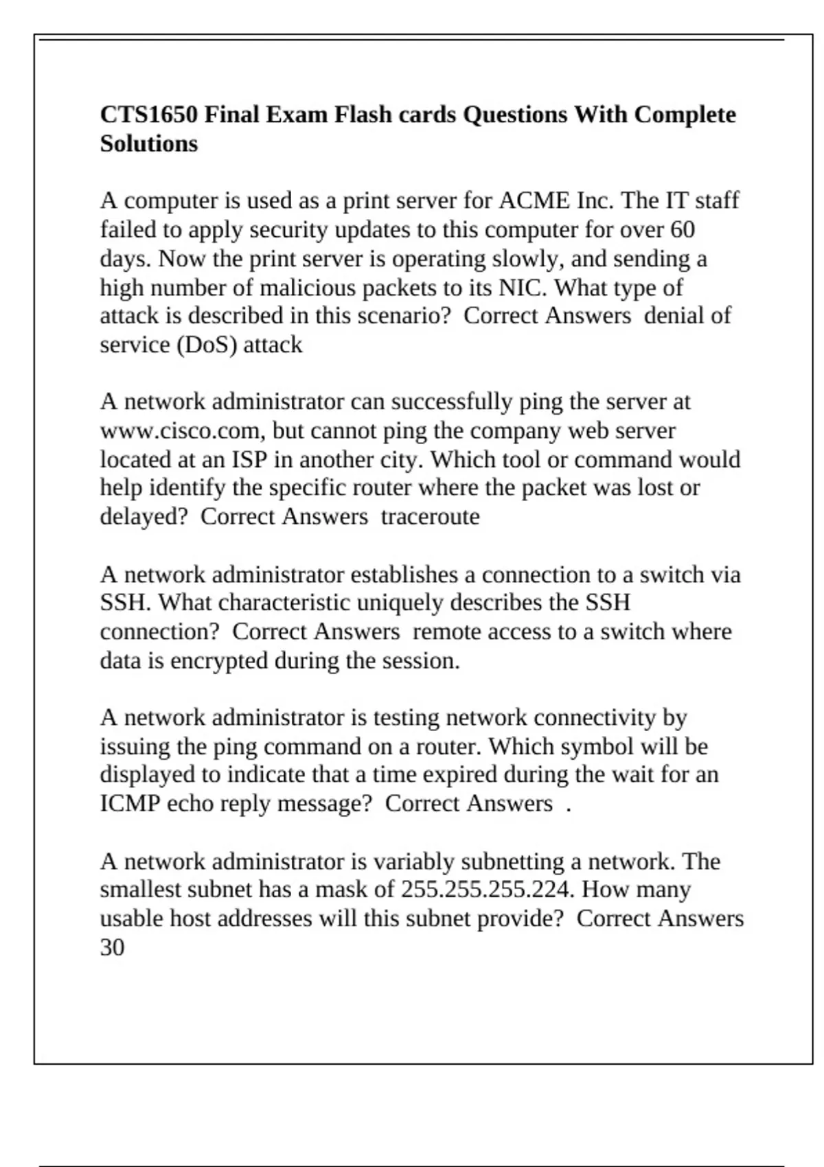 CTS1650 Final Exam Flash cards Questions With Complete Solutions ...