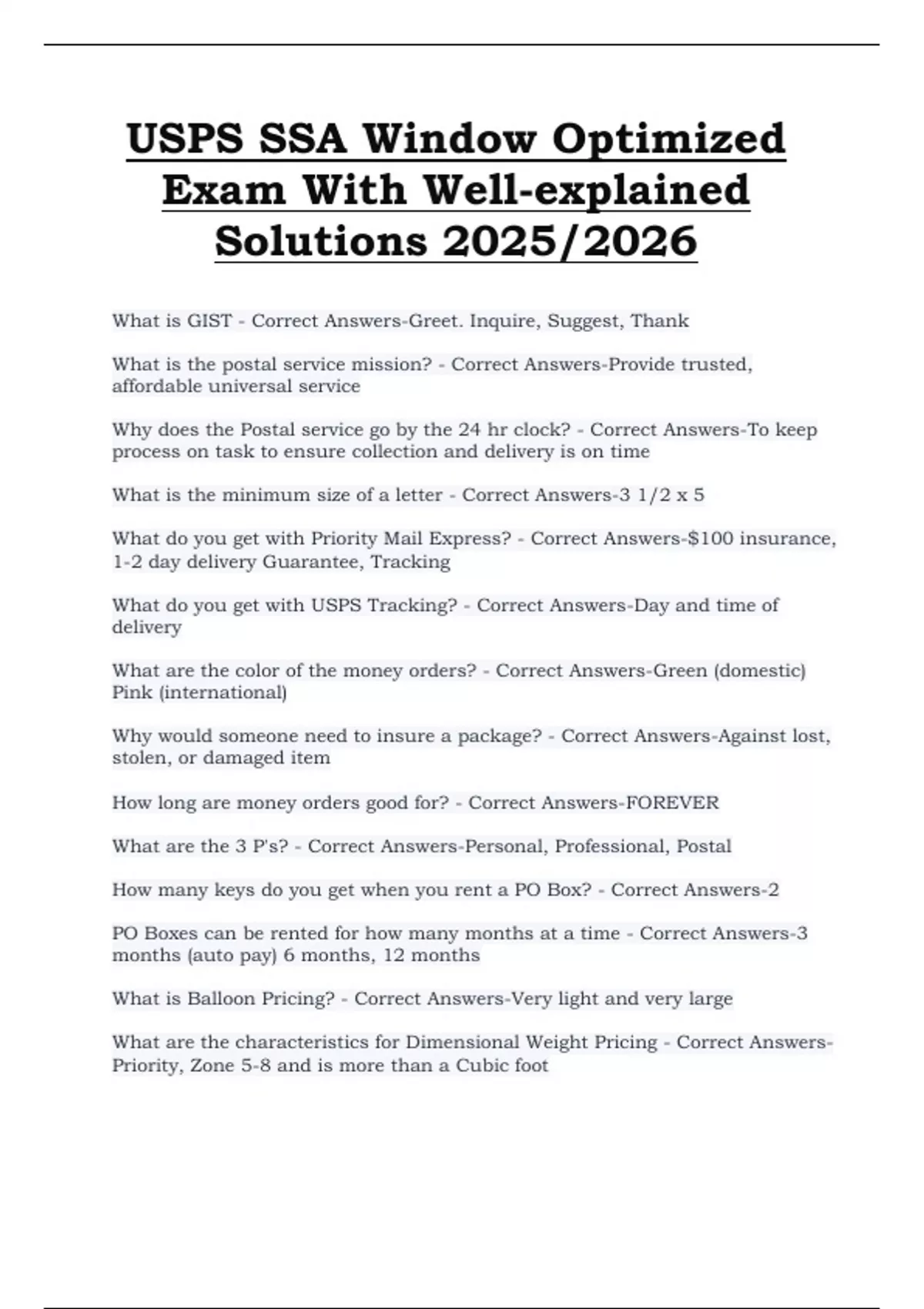 USPS SSA Window Optimized Exam | Well-Explained Solutions 2025/2026 ...