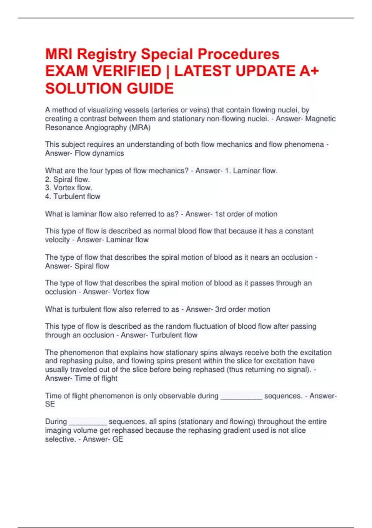 MRI Registry Special Procedures EXAM VERIFIED | LATEST UPDATE A+ ...
