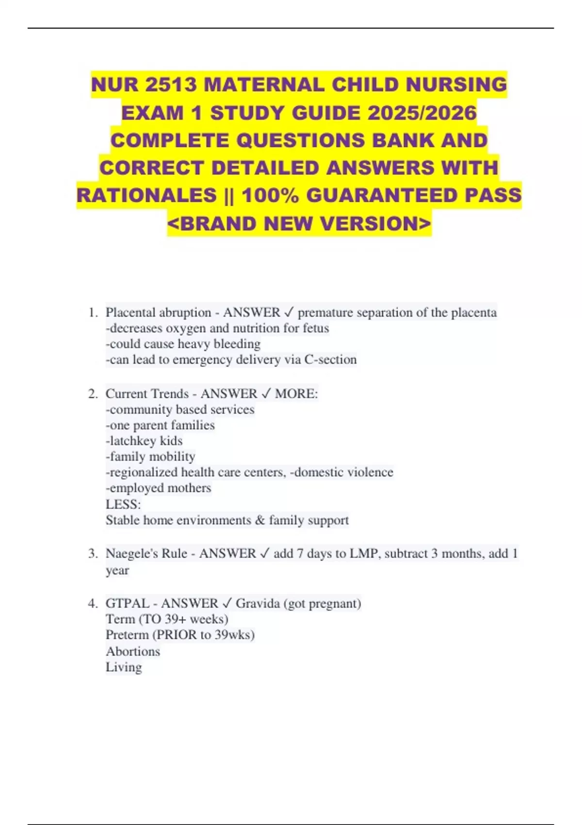 NUR 2513 MATERNAL CHILD NURSING EXAM 1 STUDY GUIDE 2025/2026 COMPLETE ...