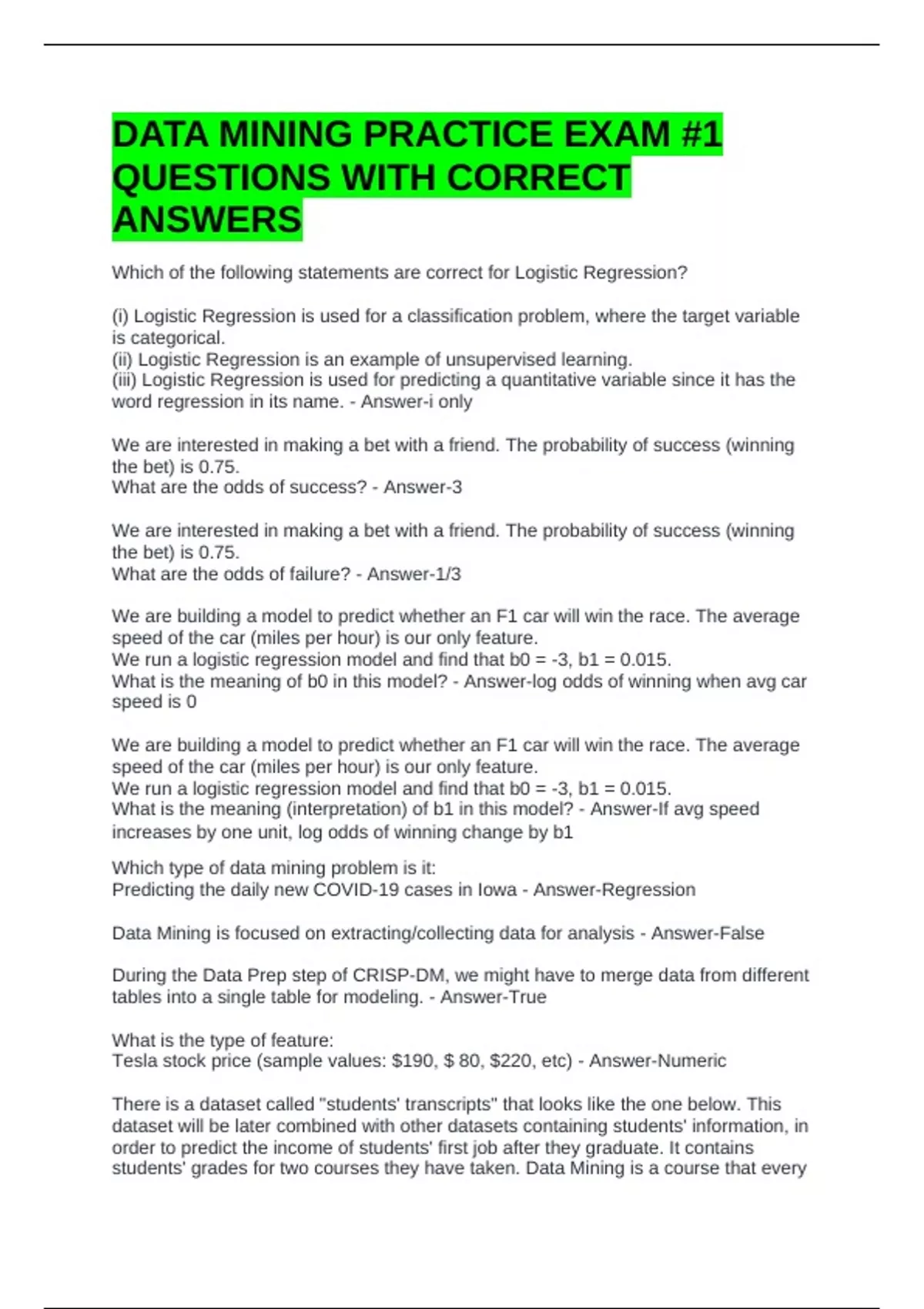 DATA MINING PRACTICE EXAM #1 QUESTIONS WITH CORRECT ANSWERS - CSC 533 DATA MINING - Stuvia US