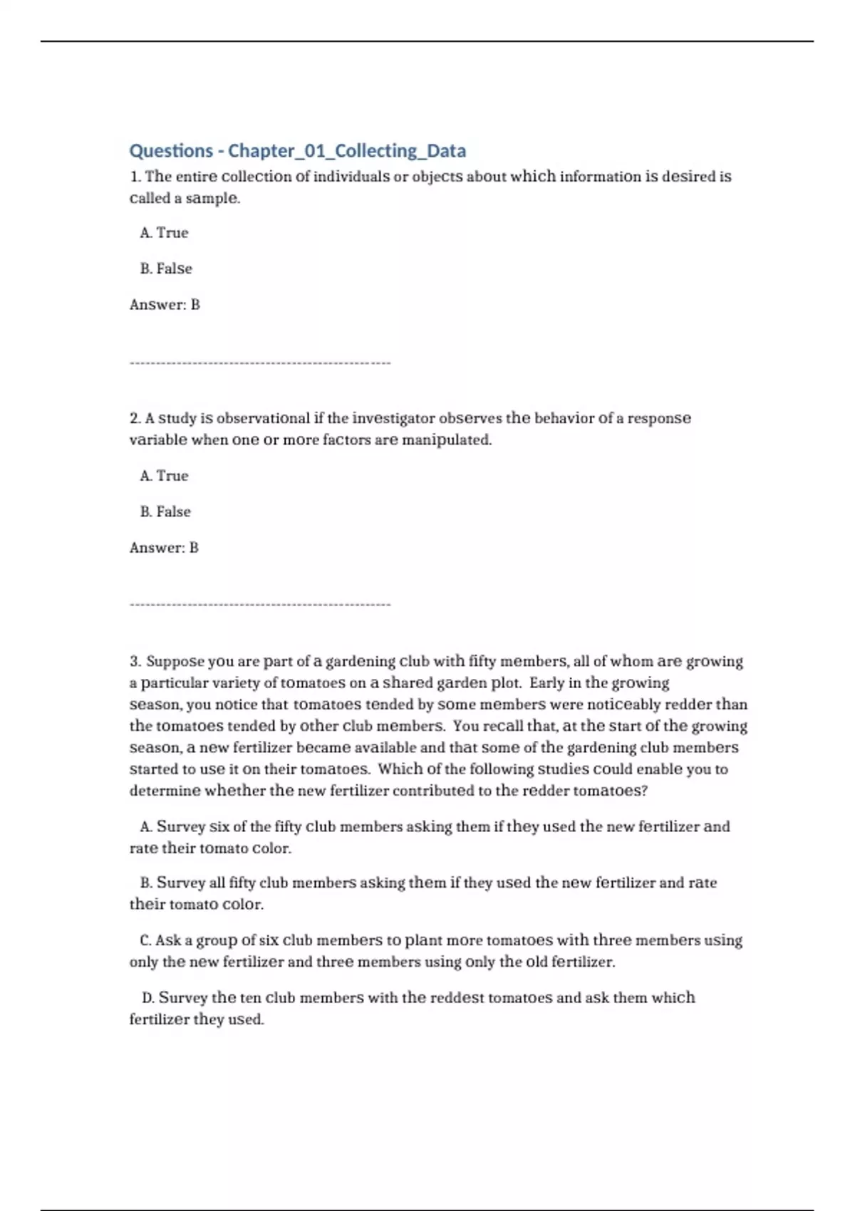 test bank, practice questions: Statistics Learning from Data - Peck, 3e ...
